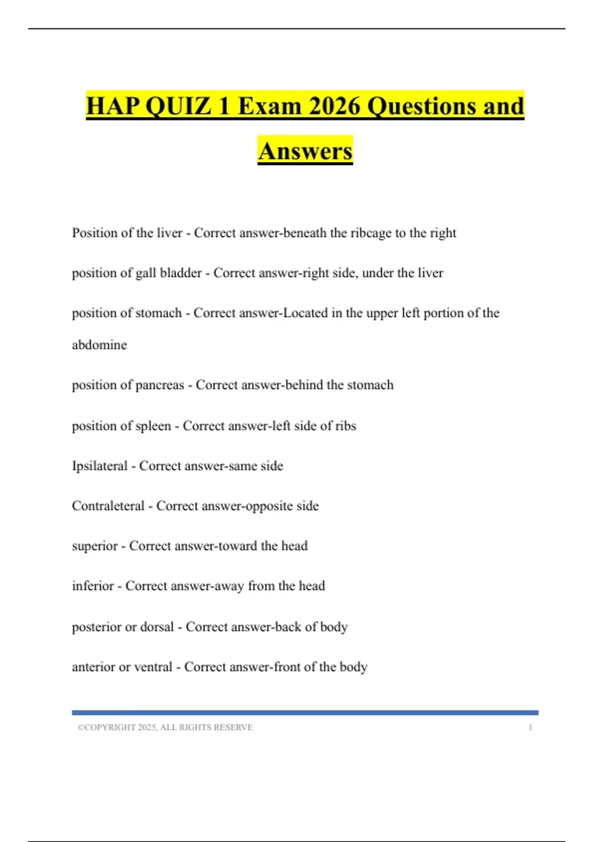 HAP QUIZ 1 Exam 2026 Questions and Answers - Health Assessment and ...