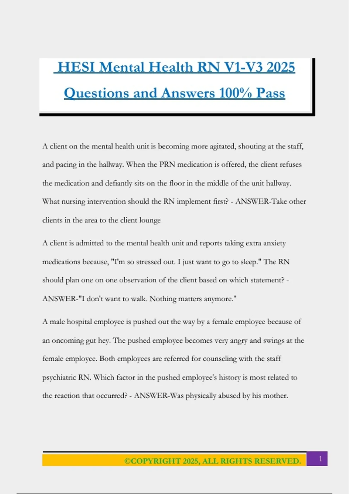 HESI Mental Health RN V1-V3 2025 Questions and Answers 100% Pass - HESI ...