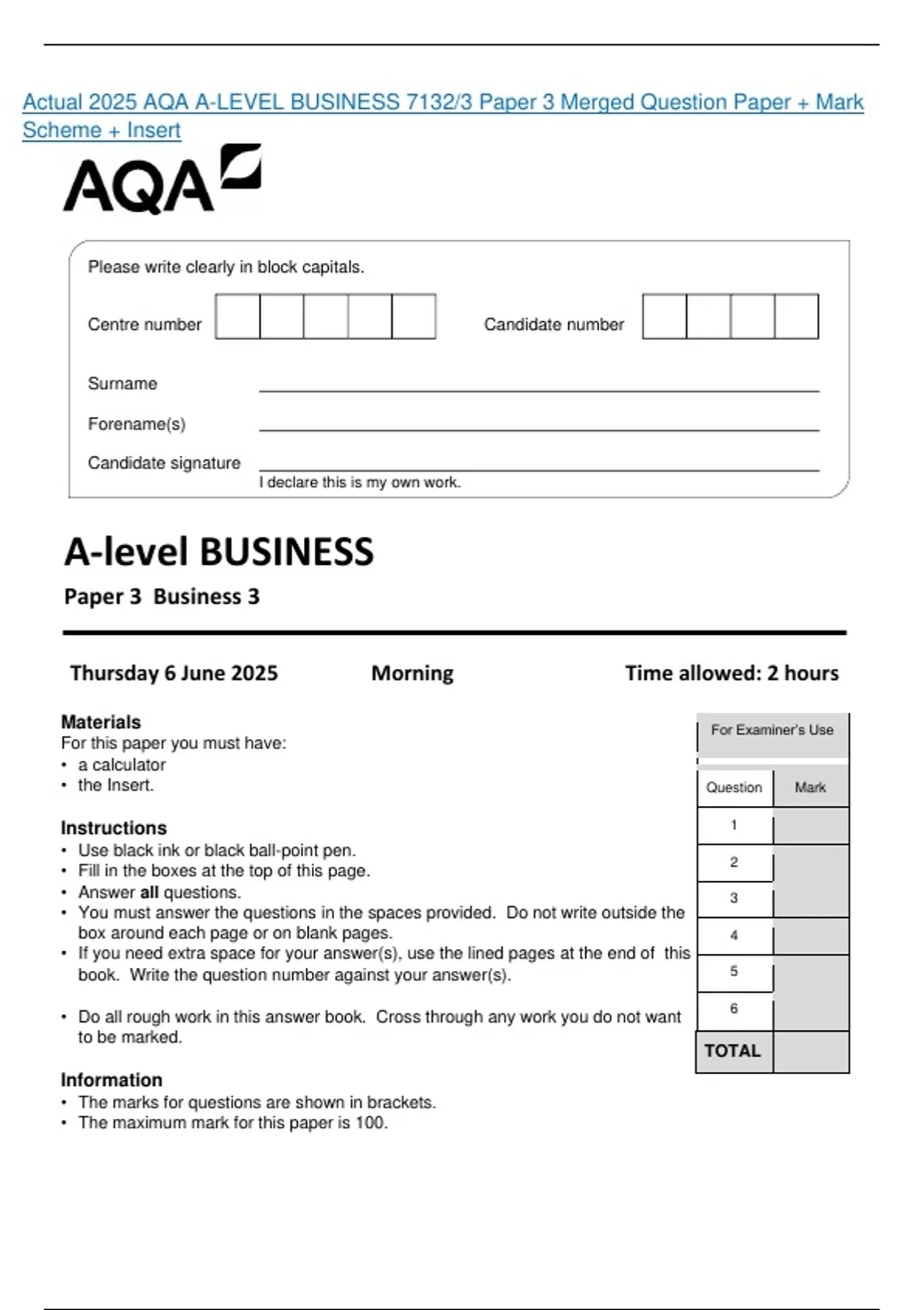 Actual 2025 AQA A-LEVEL BUSINESS 7132/3 Paper 3 Merged Question Paper ...