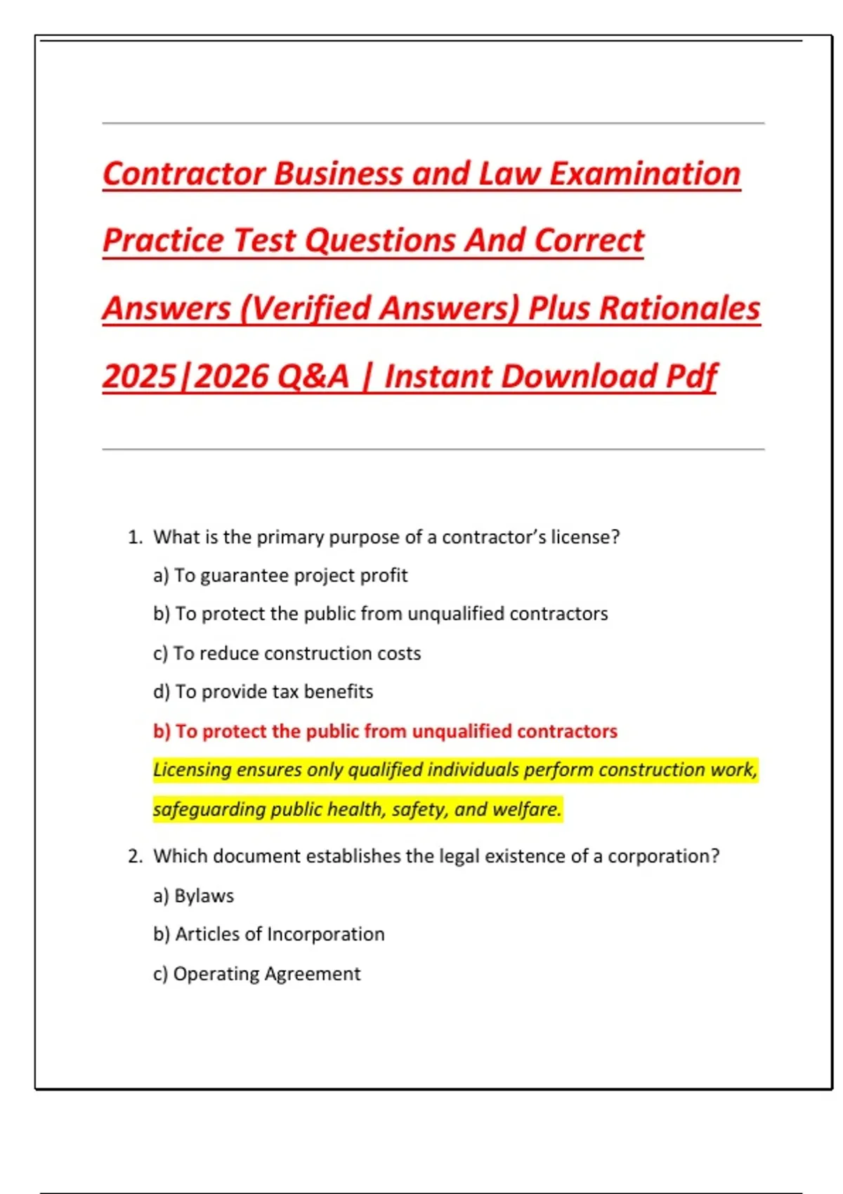 Contractor Business and Law Examination Practice Test Questions And ...