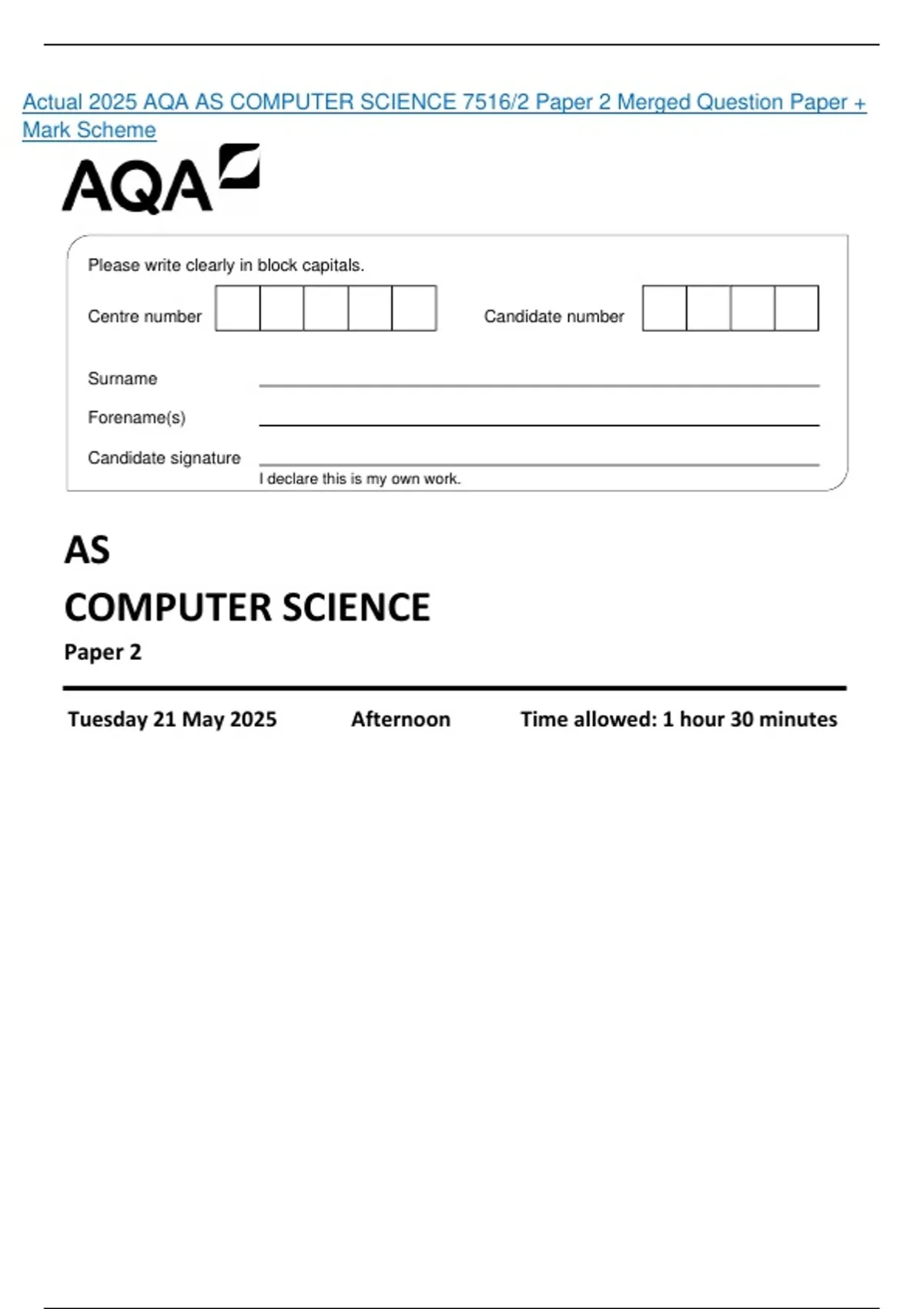 Actual 2025 AQA AS COMPUTER SCIENCE 7516/2 Paper 2 Merged Question Paper + Mark Scheme - AQA A ...