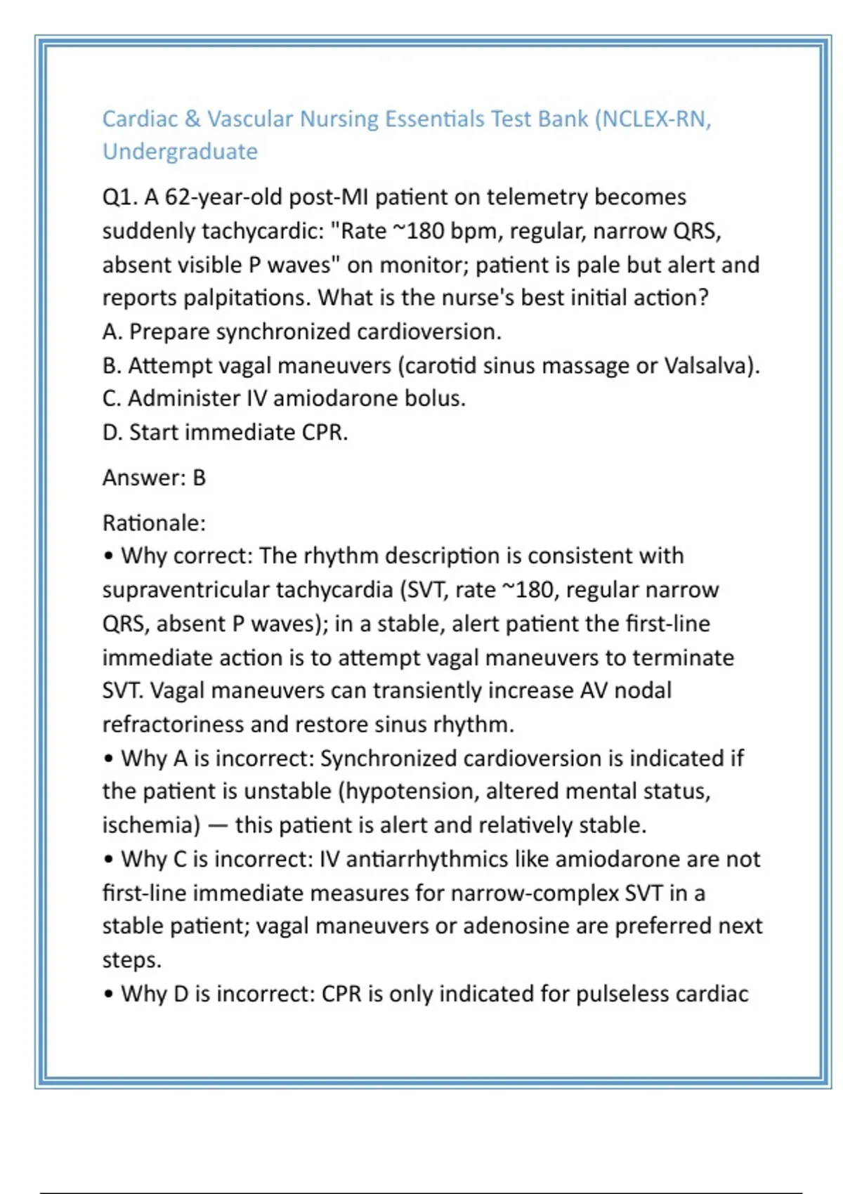 Cardiac & Vascular Nursing Essentials — NCLEX-Style Test Bank (200 ...