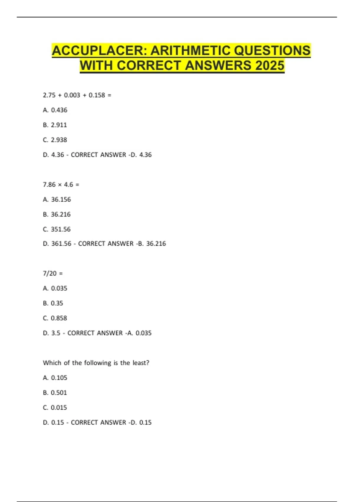 ACCUPLACER: ARITHMETIC QUESTIONS WITH CORRECT ANSWERS 2025 - ACCUPLACER ...