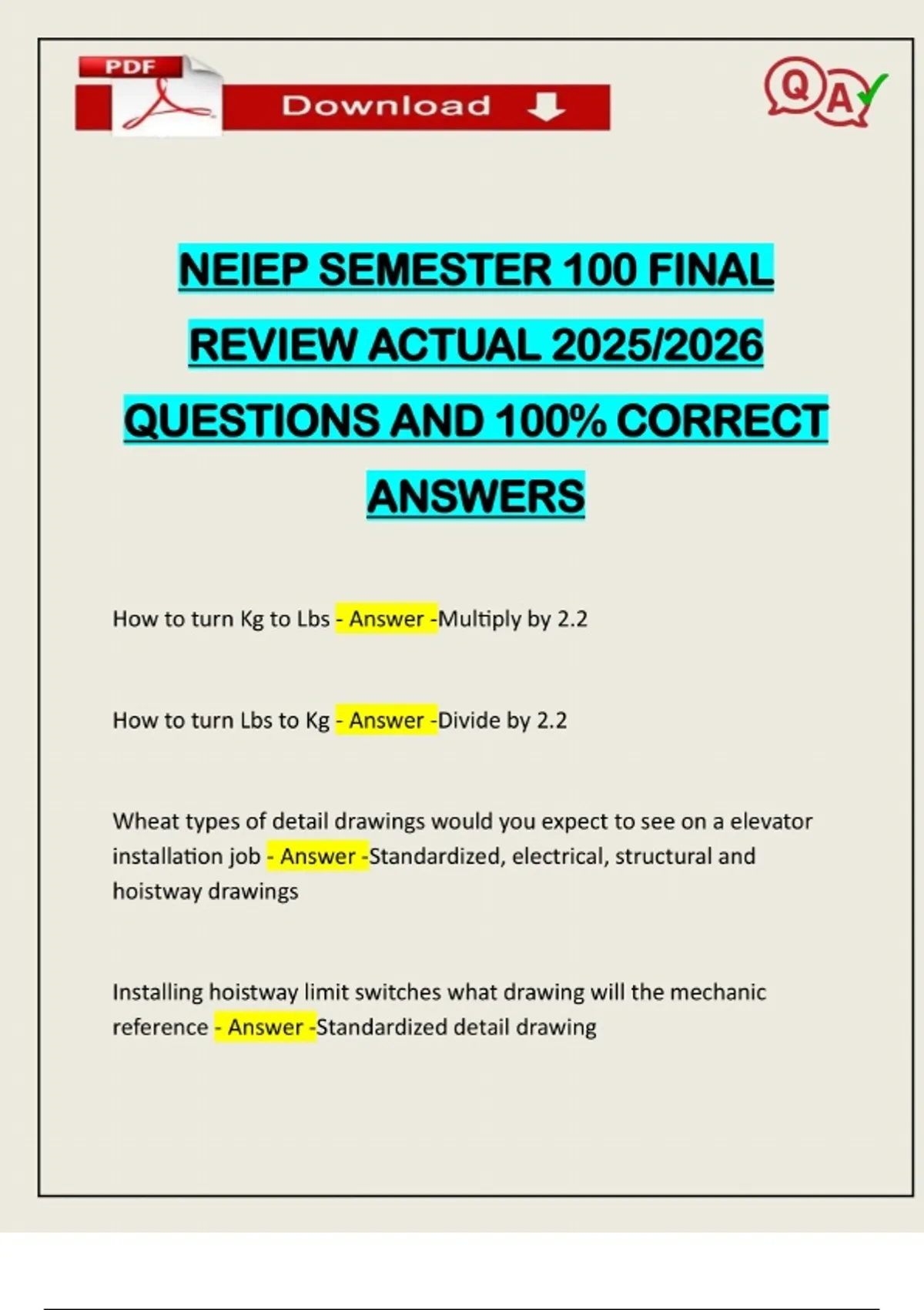 NEIEP SEMESTER 100 FINAL REVIEW ACTUAL 2025/2026 QUESTIONS AND 100% ...