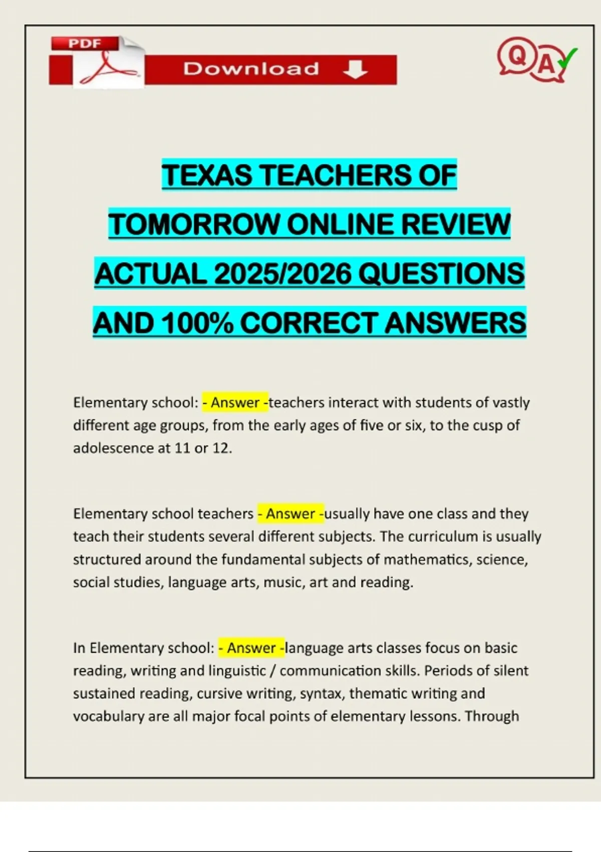 TEXAS TEACHERS OF TOMORROW ONLINE REVIEW ACTUAL 2025/2026 QUESTIONS AND ...