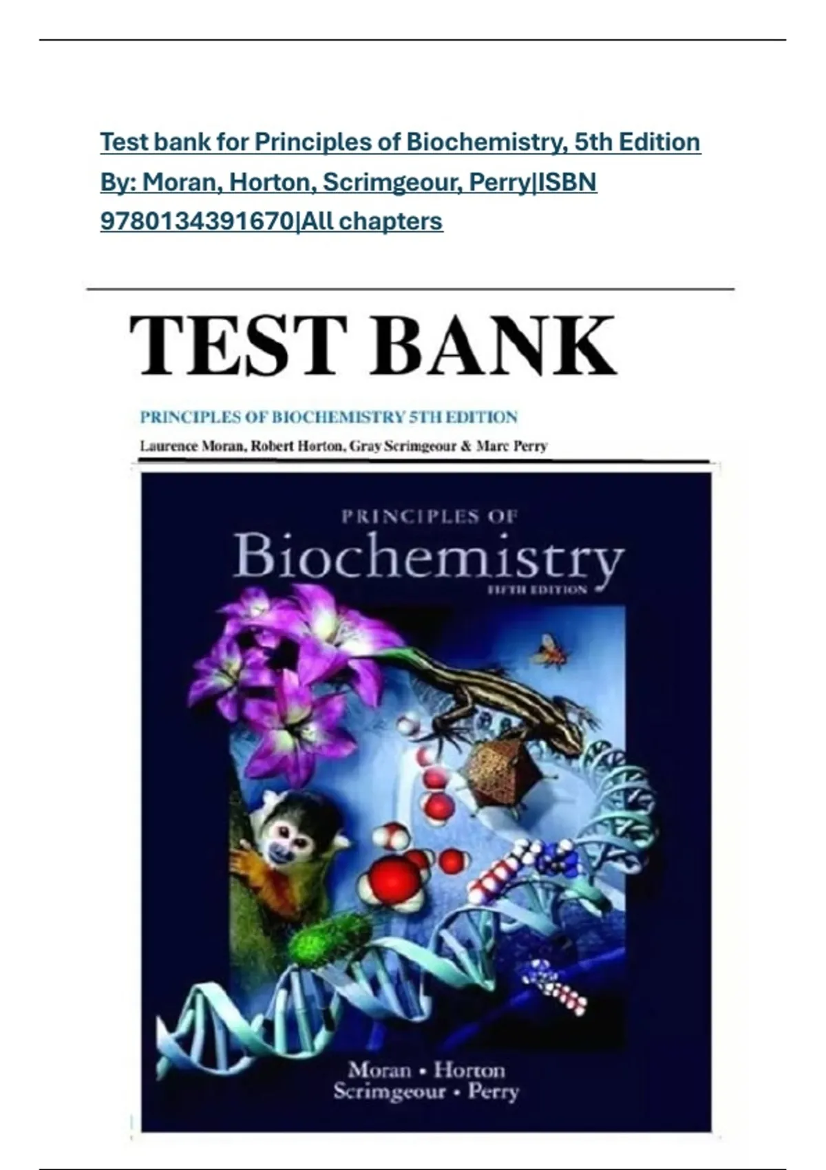 Test bank for Principles of Biochemistry, 5th Edition By: Moran, Horton ...