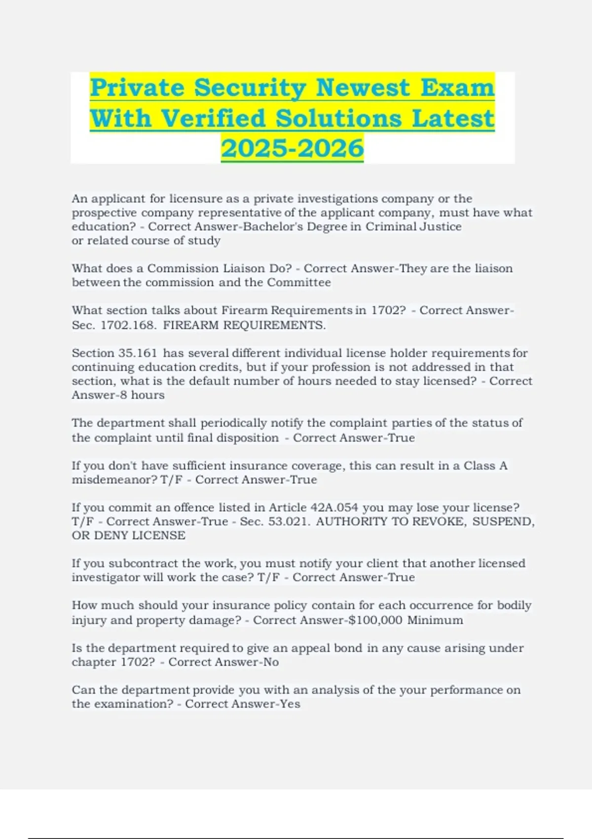 Private Security Newest Exam with Verified Solutions (Latest 2025–2026 ...