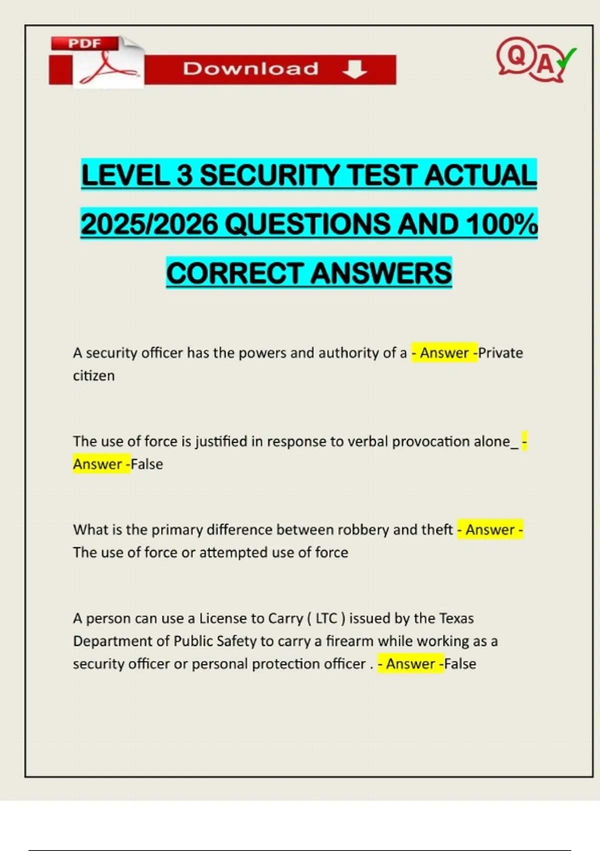 LEVEL 3 SECURITY TEST ACTUAL 2025/2026 QUESTIONS AND 100% CORRECT ...