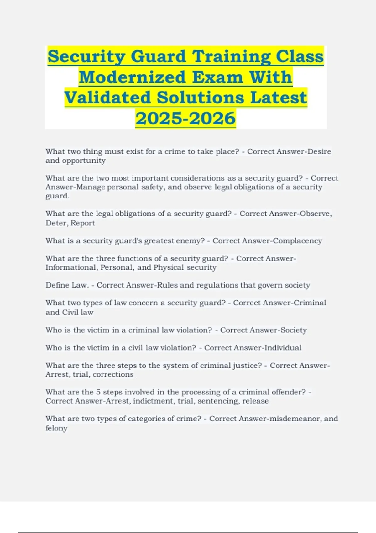 Security Guard Training Class Modernized Exam with Validated Solutions ...