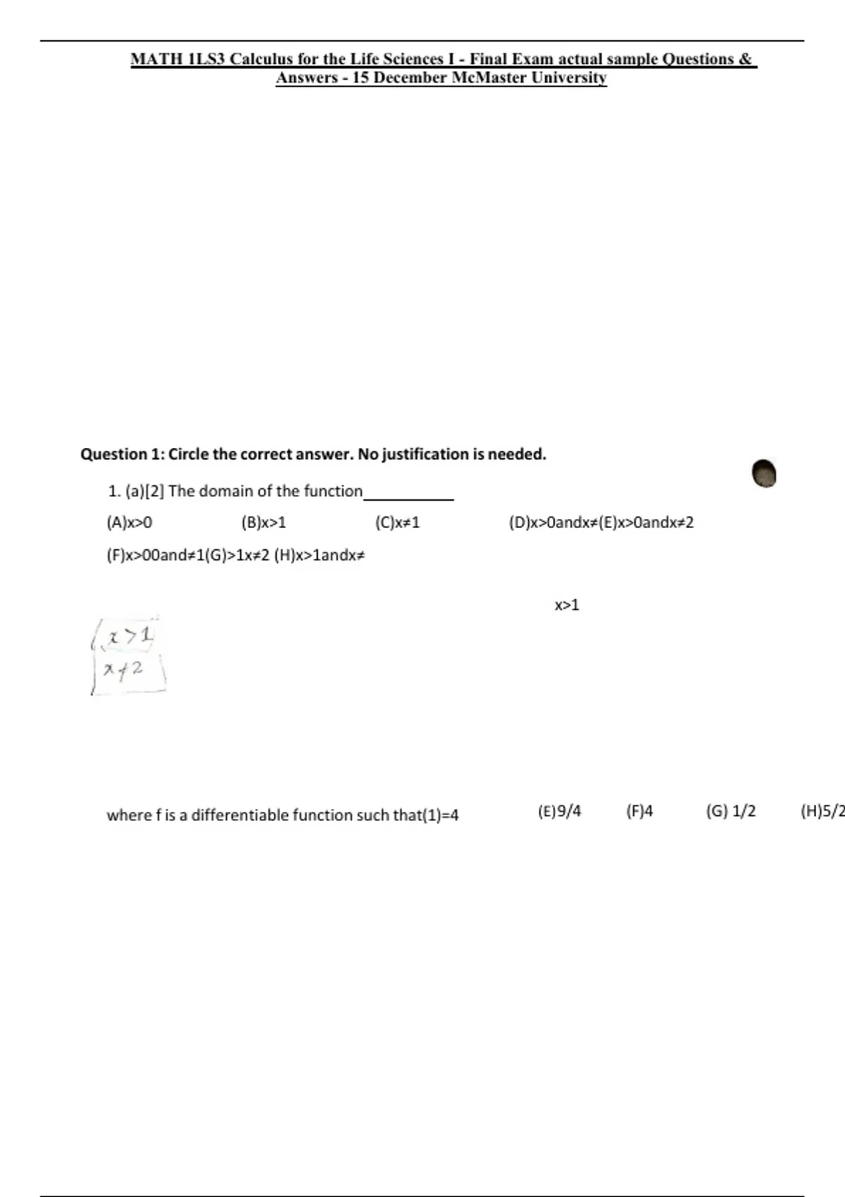 MATH 1LS3 Calculus for the Life Sciences I - Final Exam actual sample Questions & Answers - 15 ...