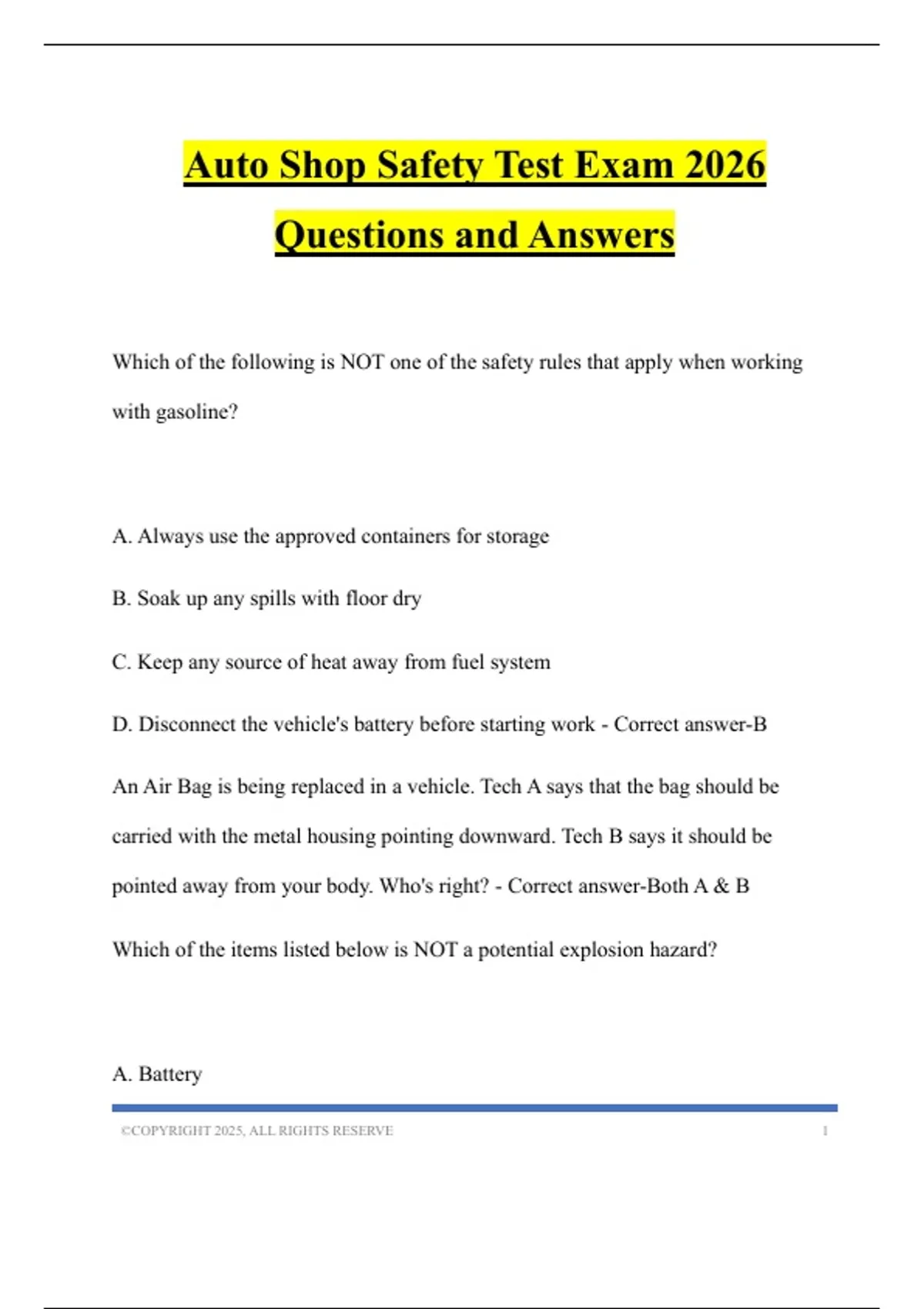 Auto Shop Safety Test Exam 2026 Questions and Answers - Auto Shop ...