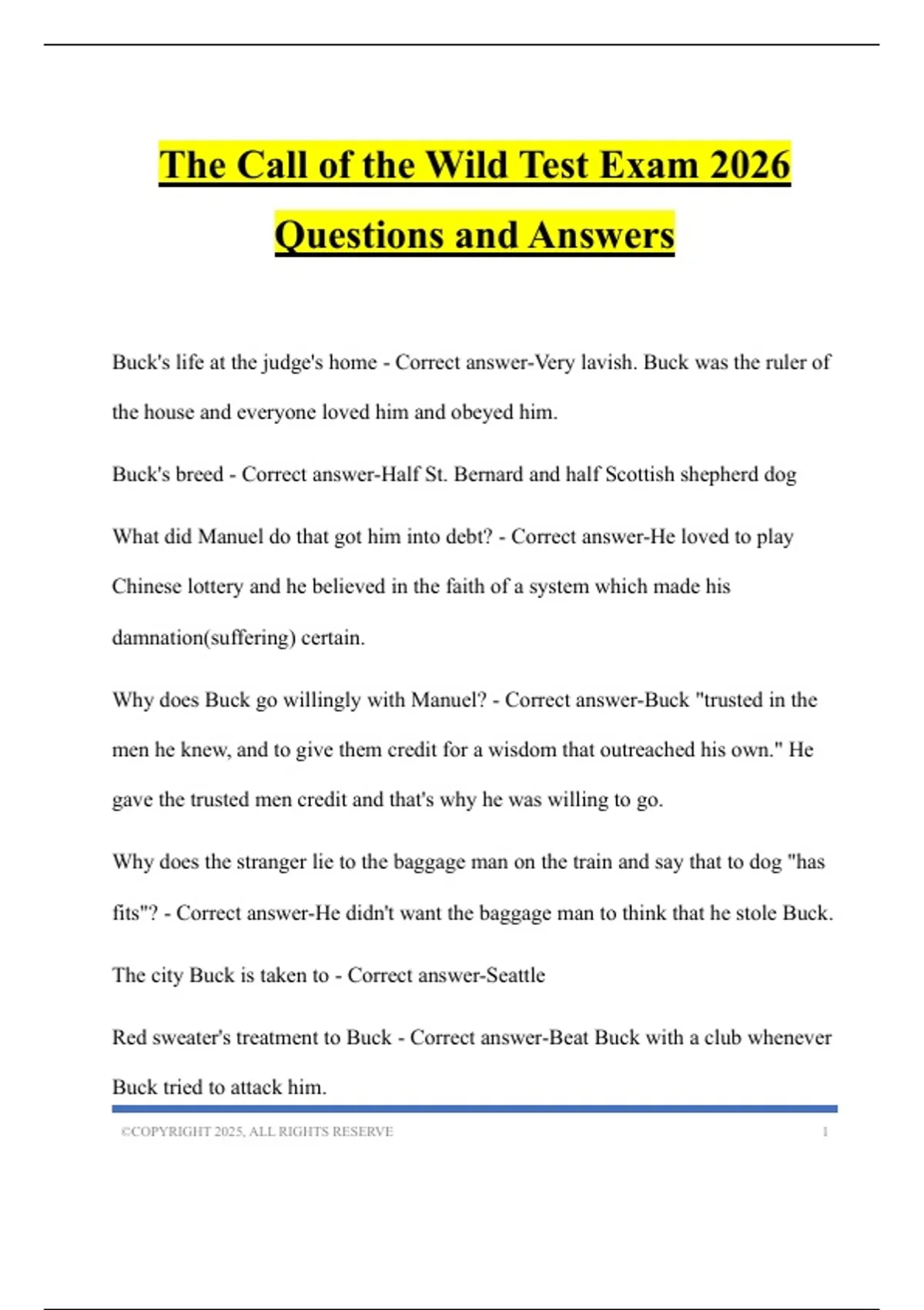 The Call of the Wild Test Exam 2026 Questions and Answers - The Call of ...