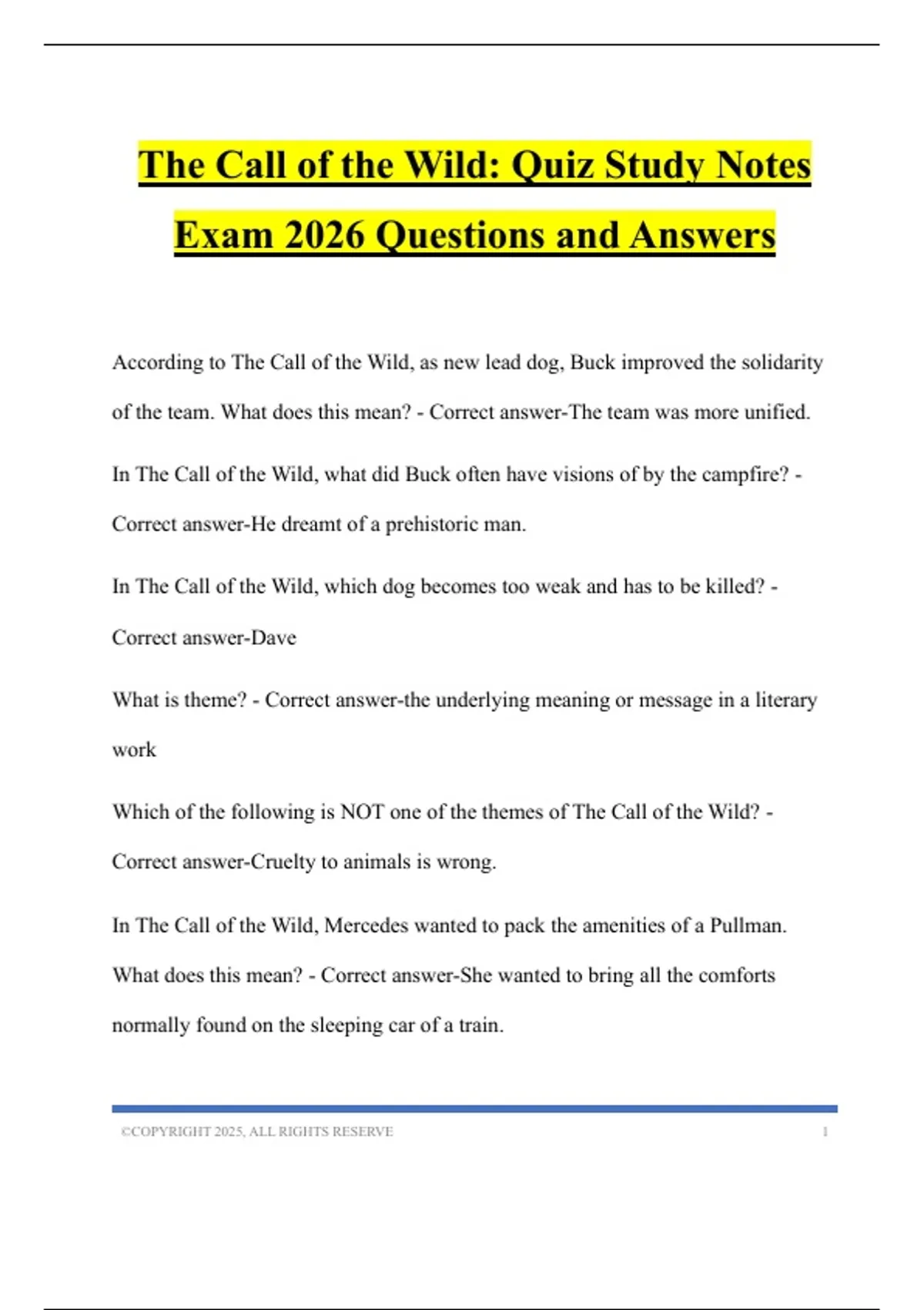 The Call of the Wild: Quiz Study Notes Exam 2026 Questions and Answers ...