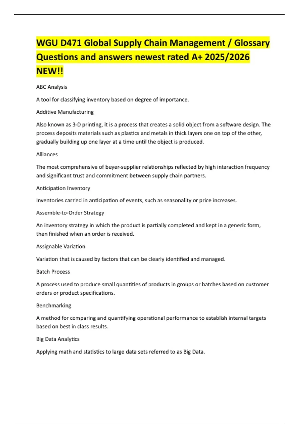 WGU D471 Global Supply Chain Management / Glossary Questions and ...