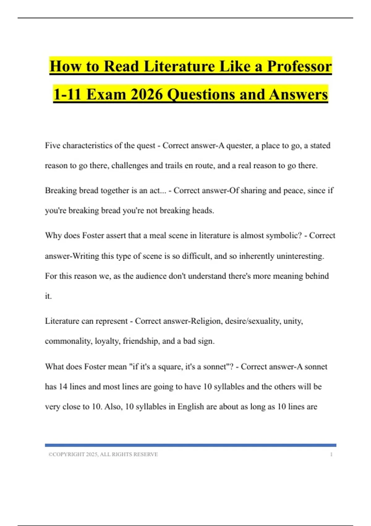 How to Read Literature Like a Professor 1-11 Exam 2026 Questions and ...