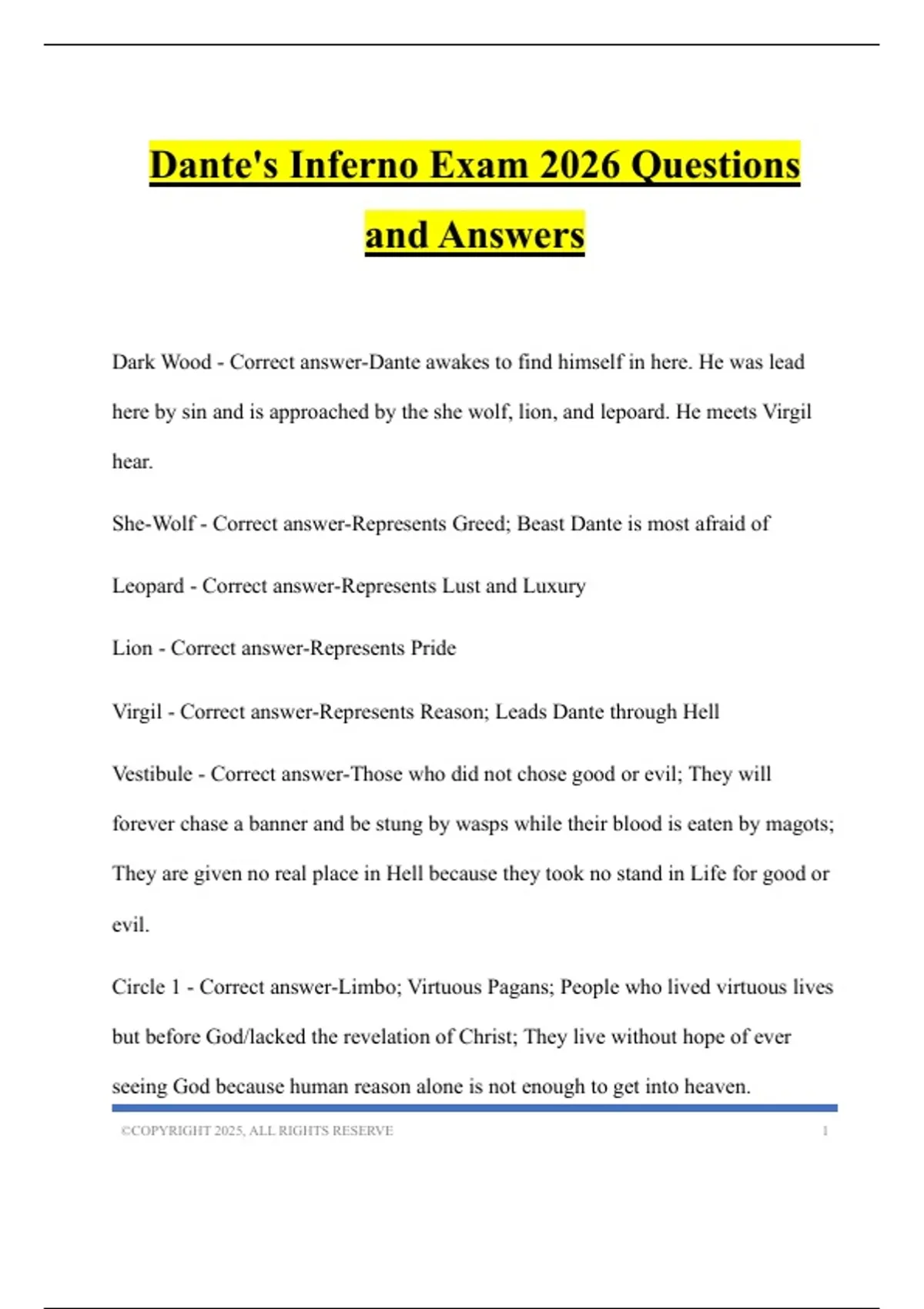 Dante's Inferno Exam 2026 Questions and Answers - Dante\\\'s Inferno ...