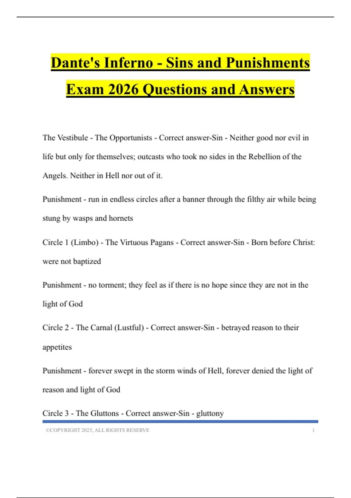 Dante's Inferno - Sins and Punishments Exam 2026 Questions and Answers ...