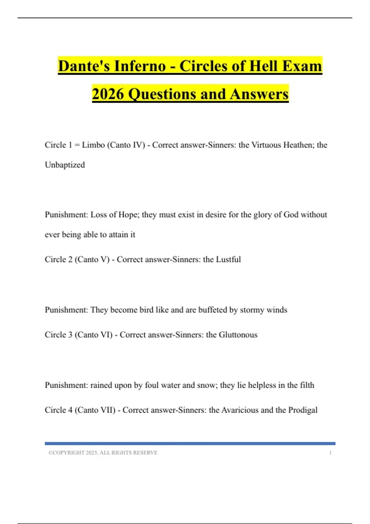 Dante's Inferno - Circles of Hell Exam 2026 Questions and Answers ...