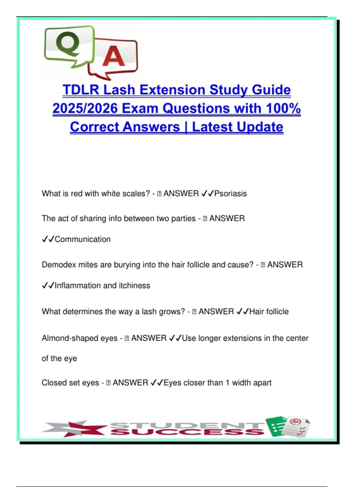 TDLR Lash Extension Exam | 80 Questions with Correct Answers | Eye ...