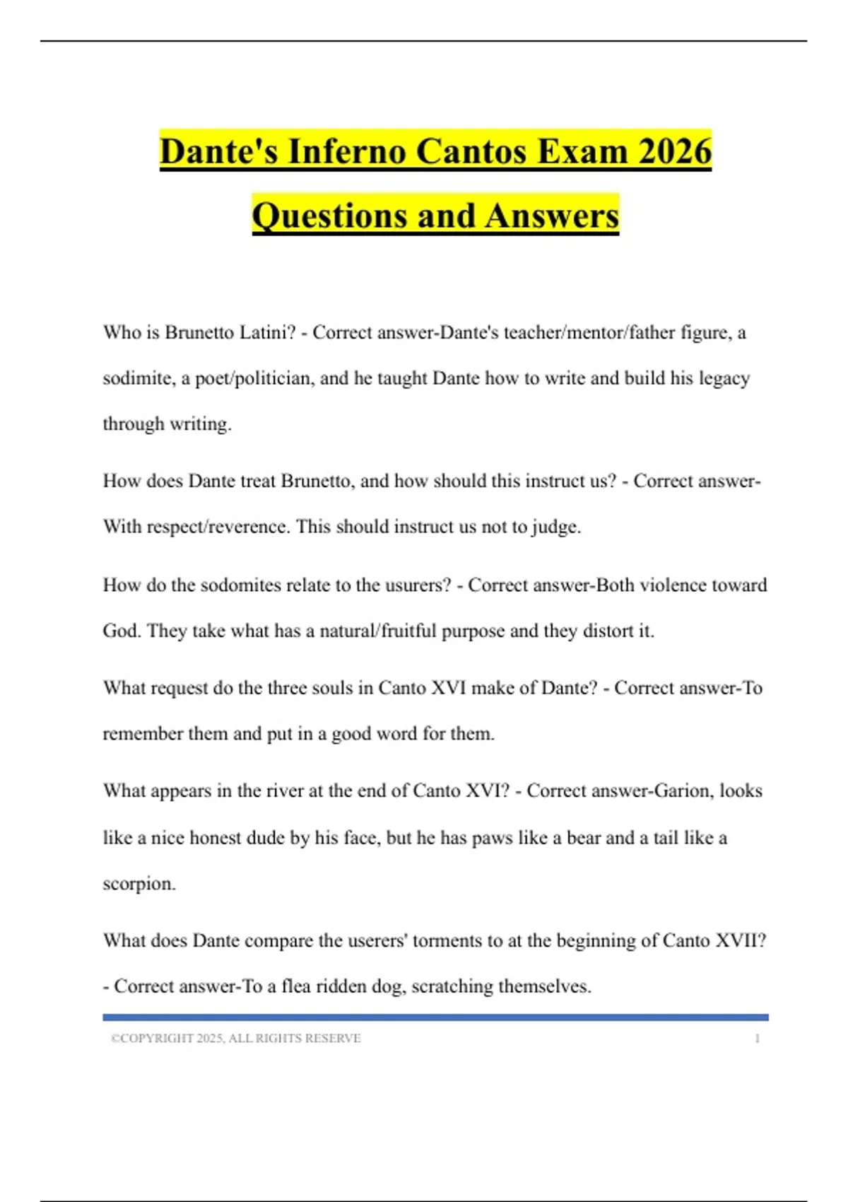 Dante's Inferno Cantos Exam 2026 Questions and Answers - Dante\\\'s ...