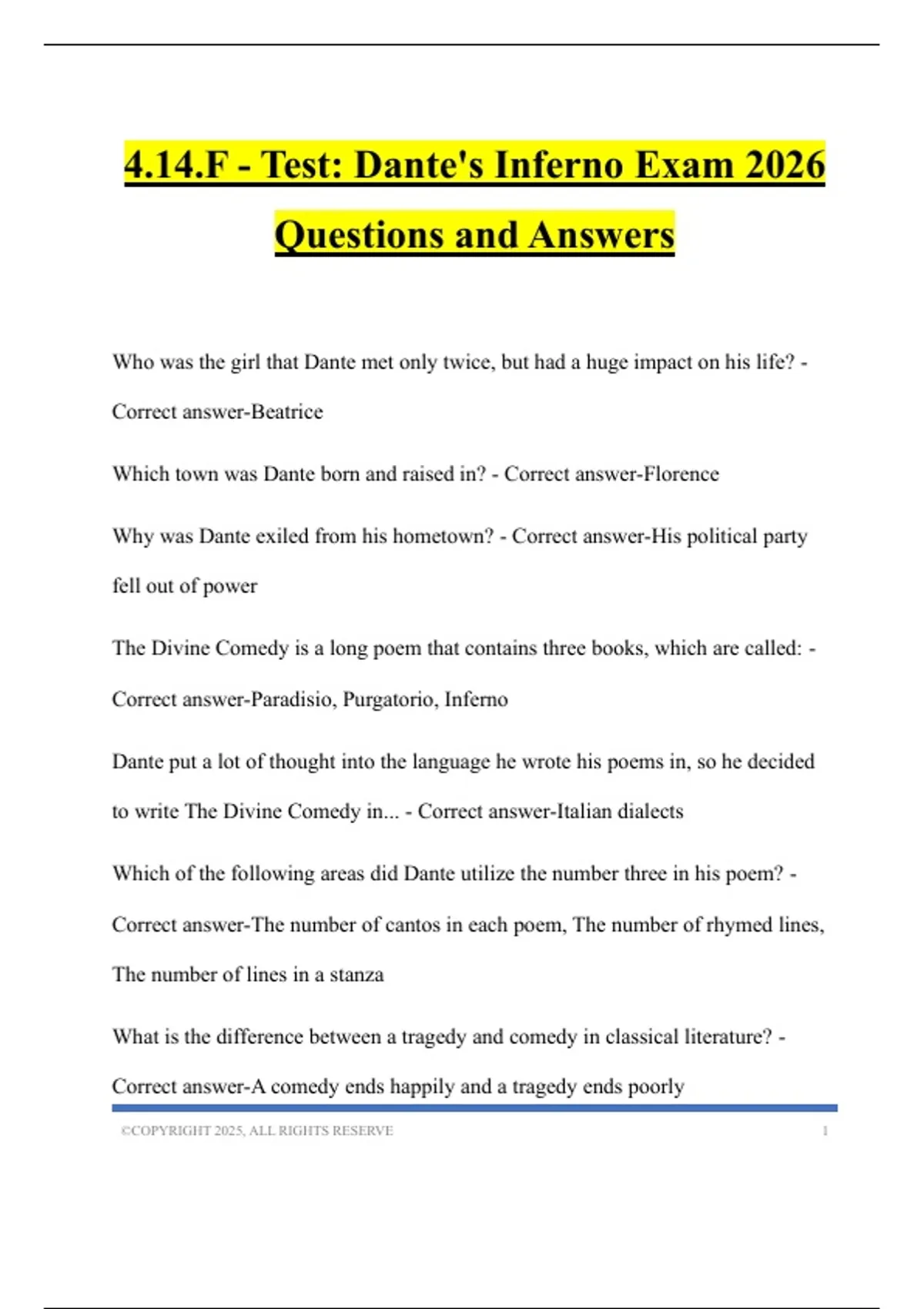4.14.F - Test: Dante's Inferno Exam 2026 Questions and Answers - Dante ...