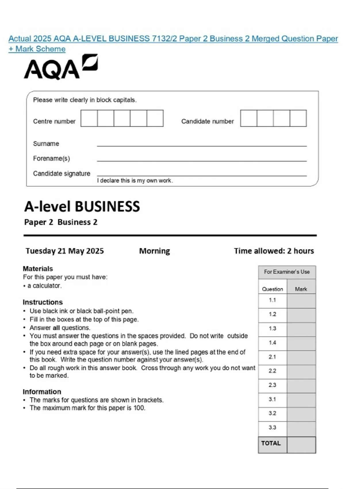 Actual 2025 AQA A-LEVEL BUSINESS 7132/2 Paper 2 Business 2 Merged ...