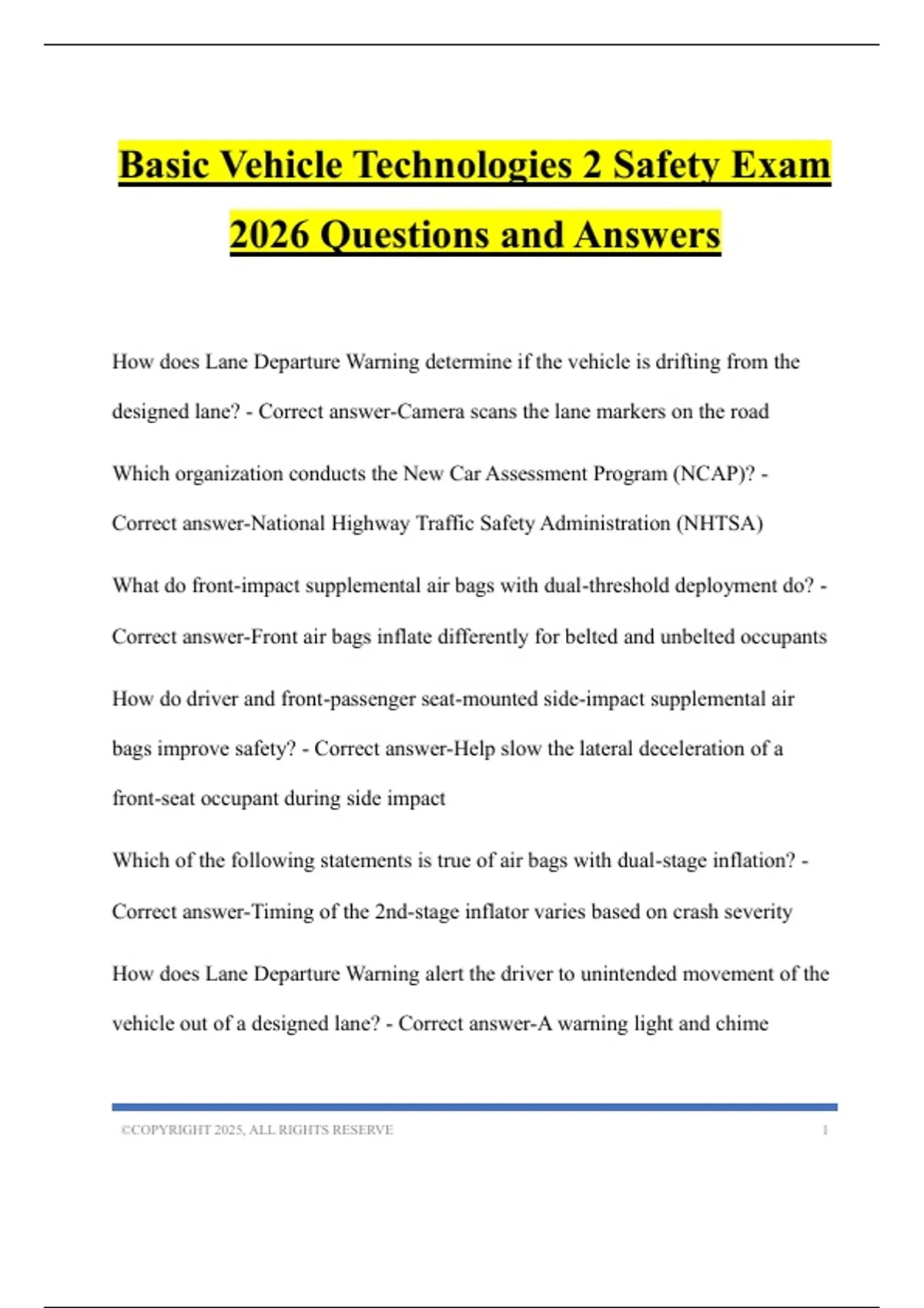 Basic Vehicle Technologies 2 Safety Exam 2026 Questions and Answers ...