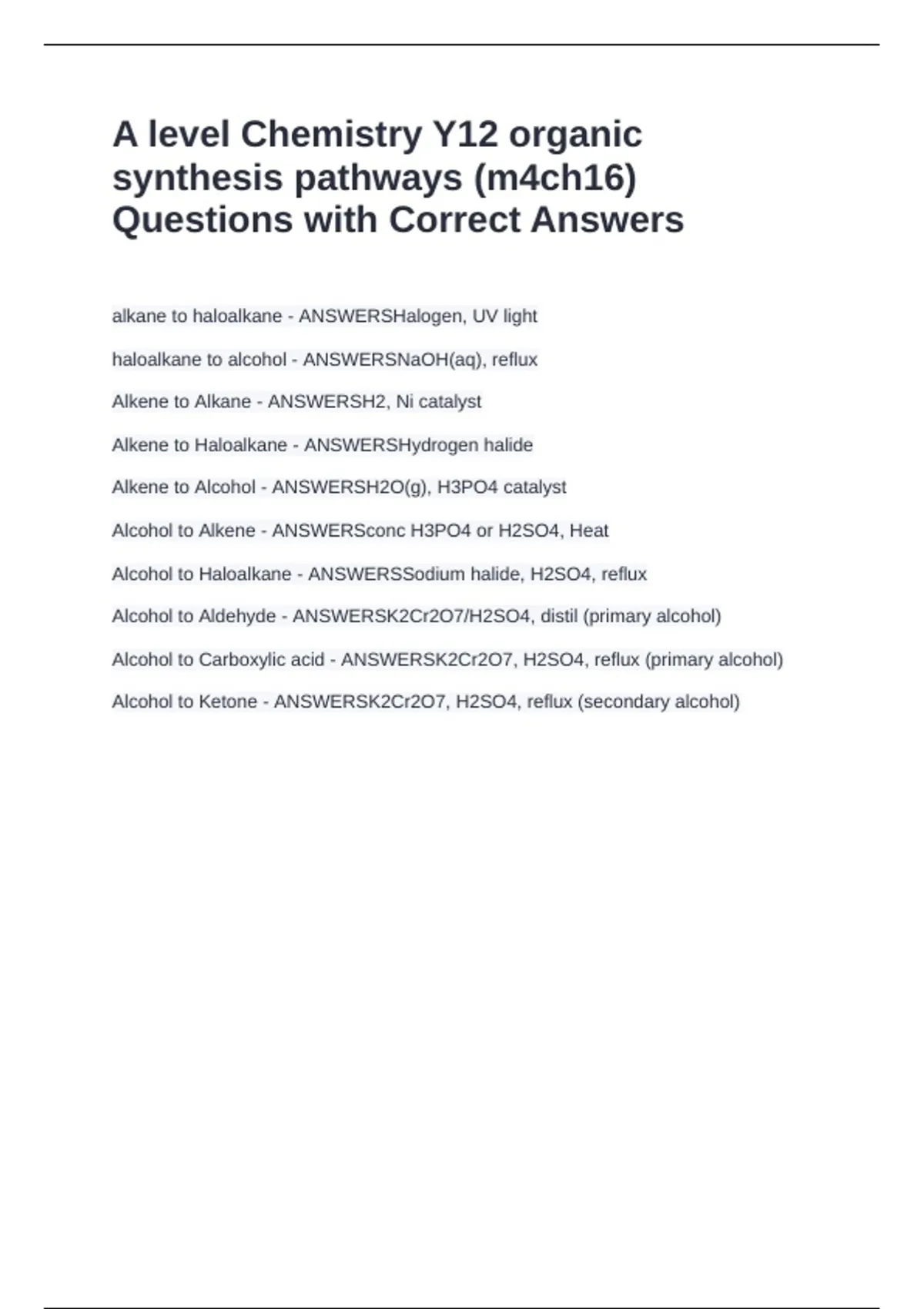 A level Chemistry Y12 organic synthesis pathways (m4ch16) Questions ...