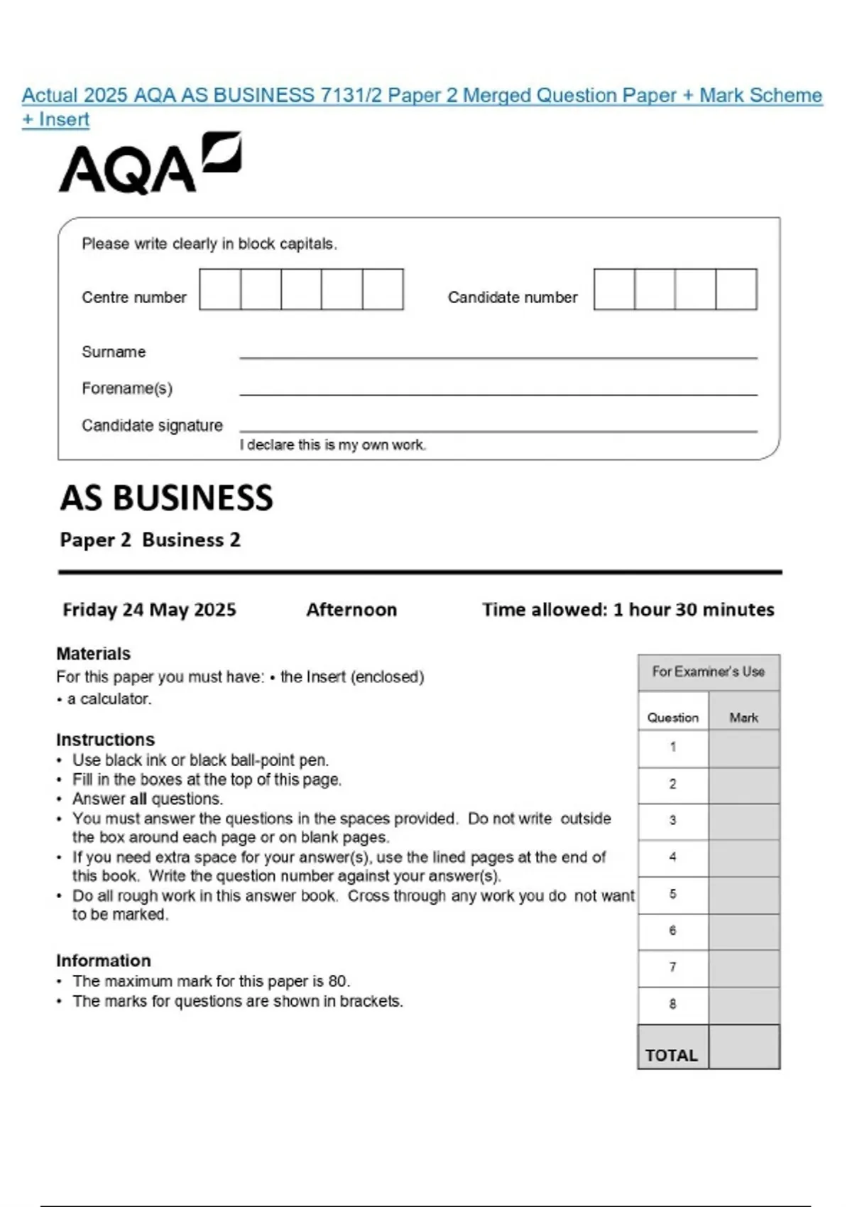 Actual 2025 AQA AS BUSINESS 7131/2 Paper 2 Merged Question Paper + Mark ...
