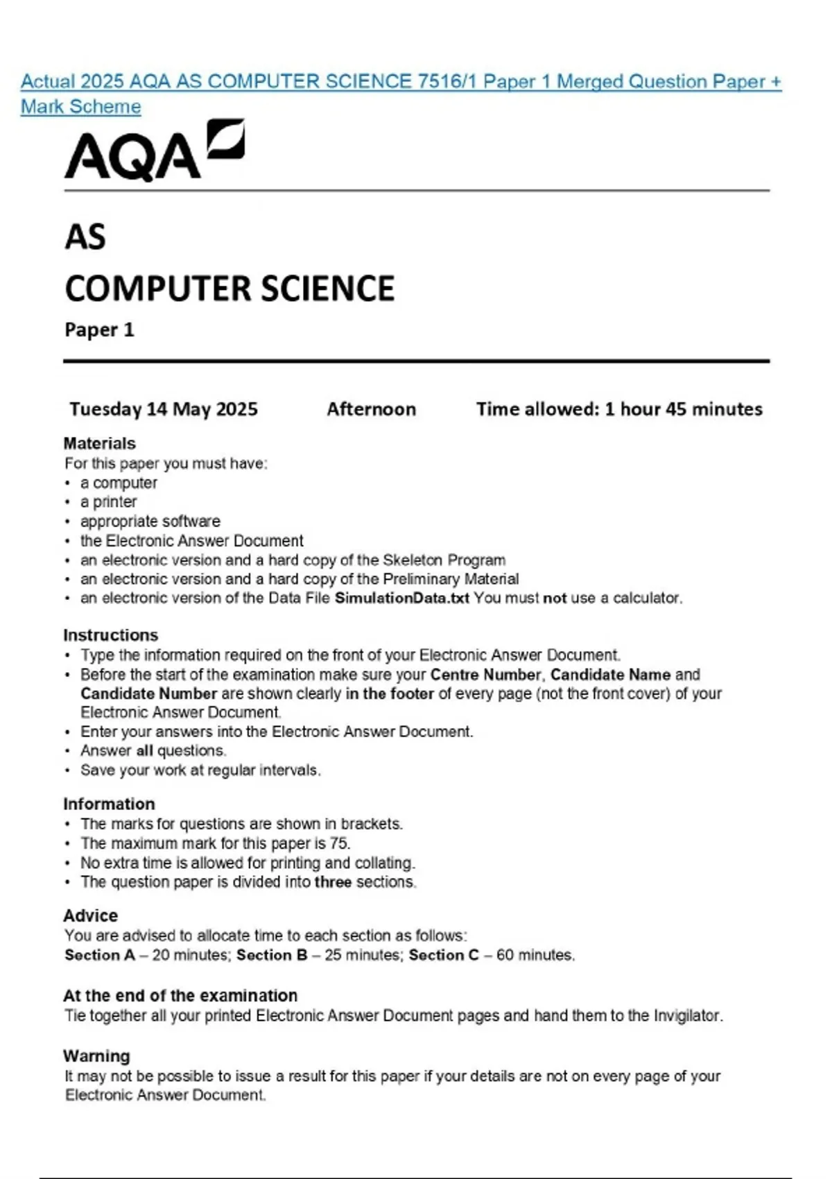 Actual 2025 AQA AS COMPUTER SCIENCE 7516/1 Paper 1 Merged Question Paper + Mark Scheme - AQA A ...