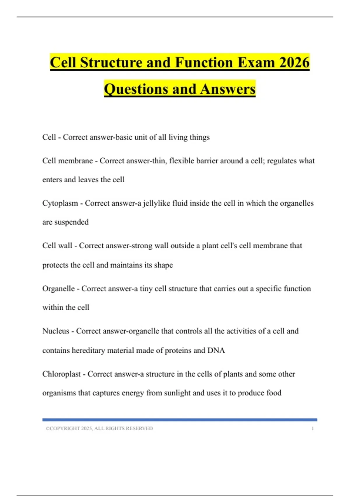 Cell Structure and Function Exam 2026 Questions and Answers - Biology ...