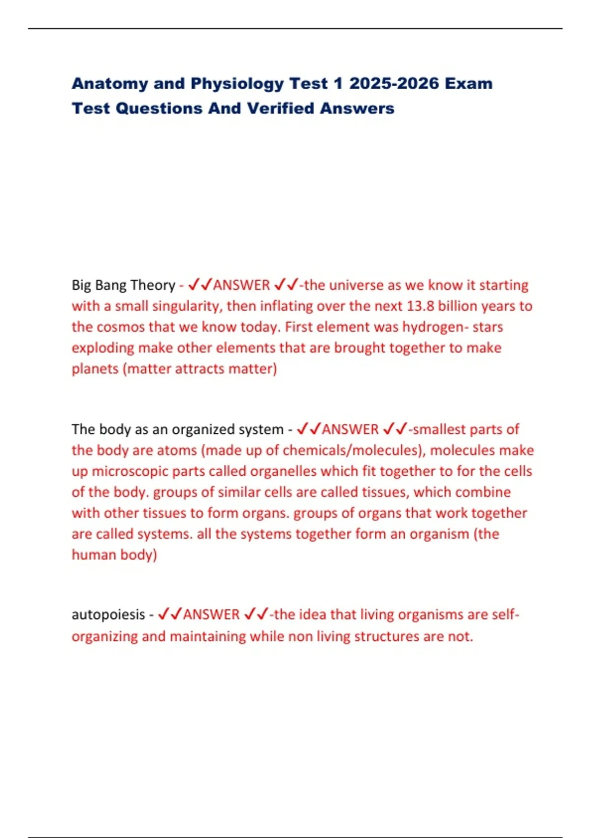 Anatomy and Physiology Test Exam Test Questions And Verified Answers ...