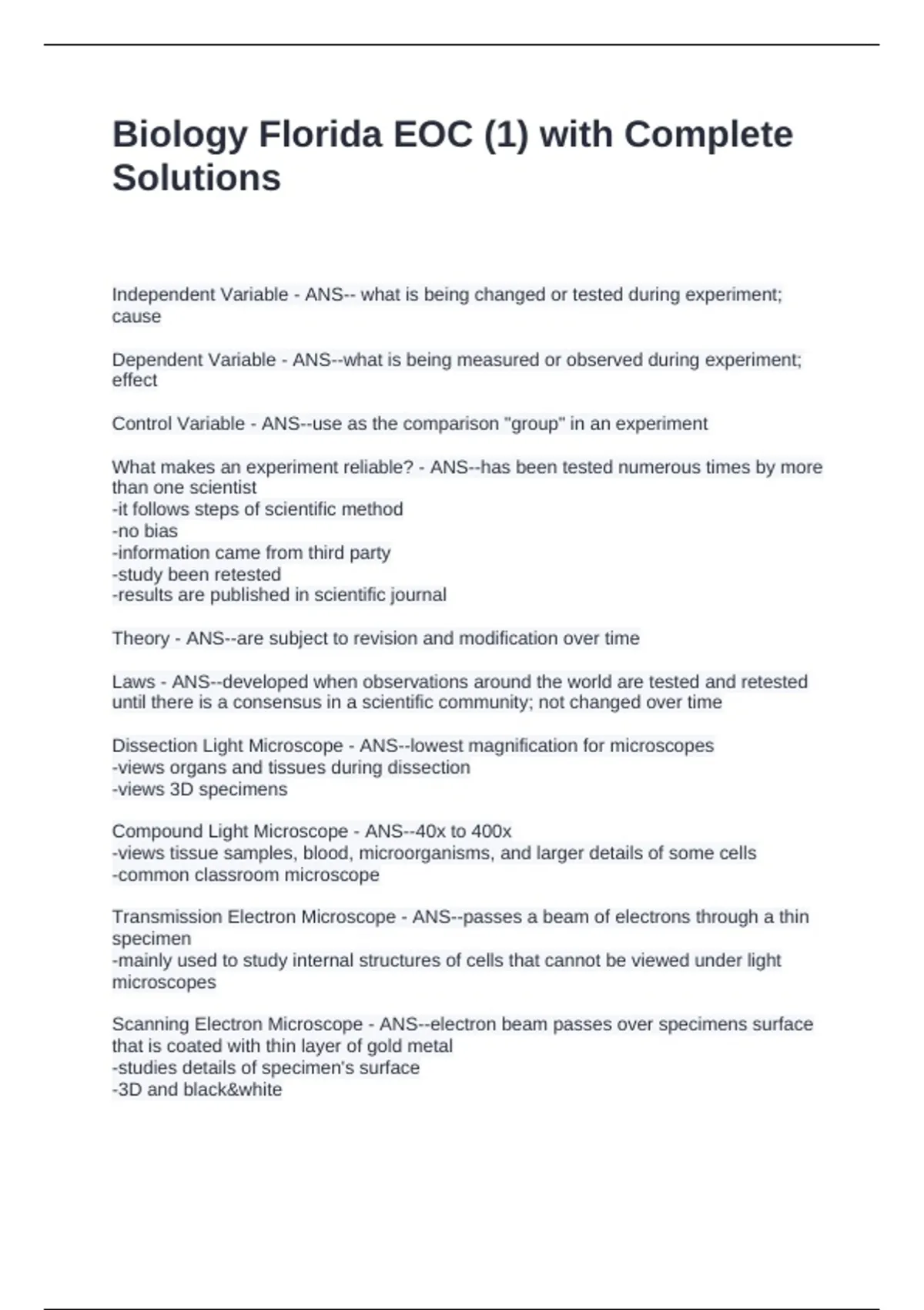 Biology Florida EOC (1) with Complete Solutions - EOC - Stuvia US