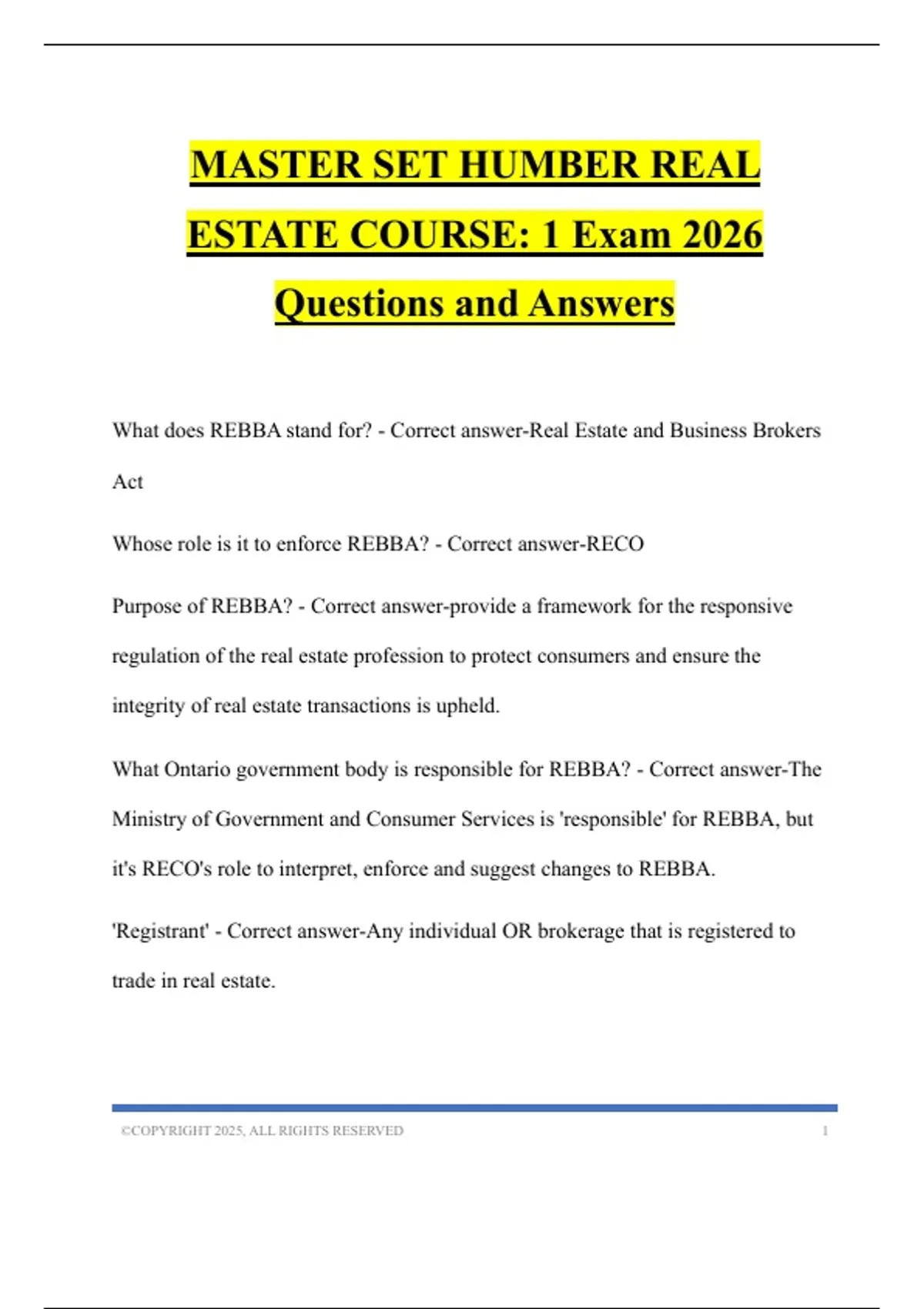 MASTER SET HUMBER REAL ESTATE COURSE: 1 Exam 2026 Questions and Answers ...