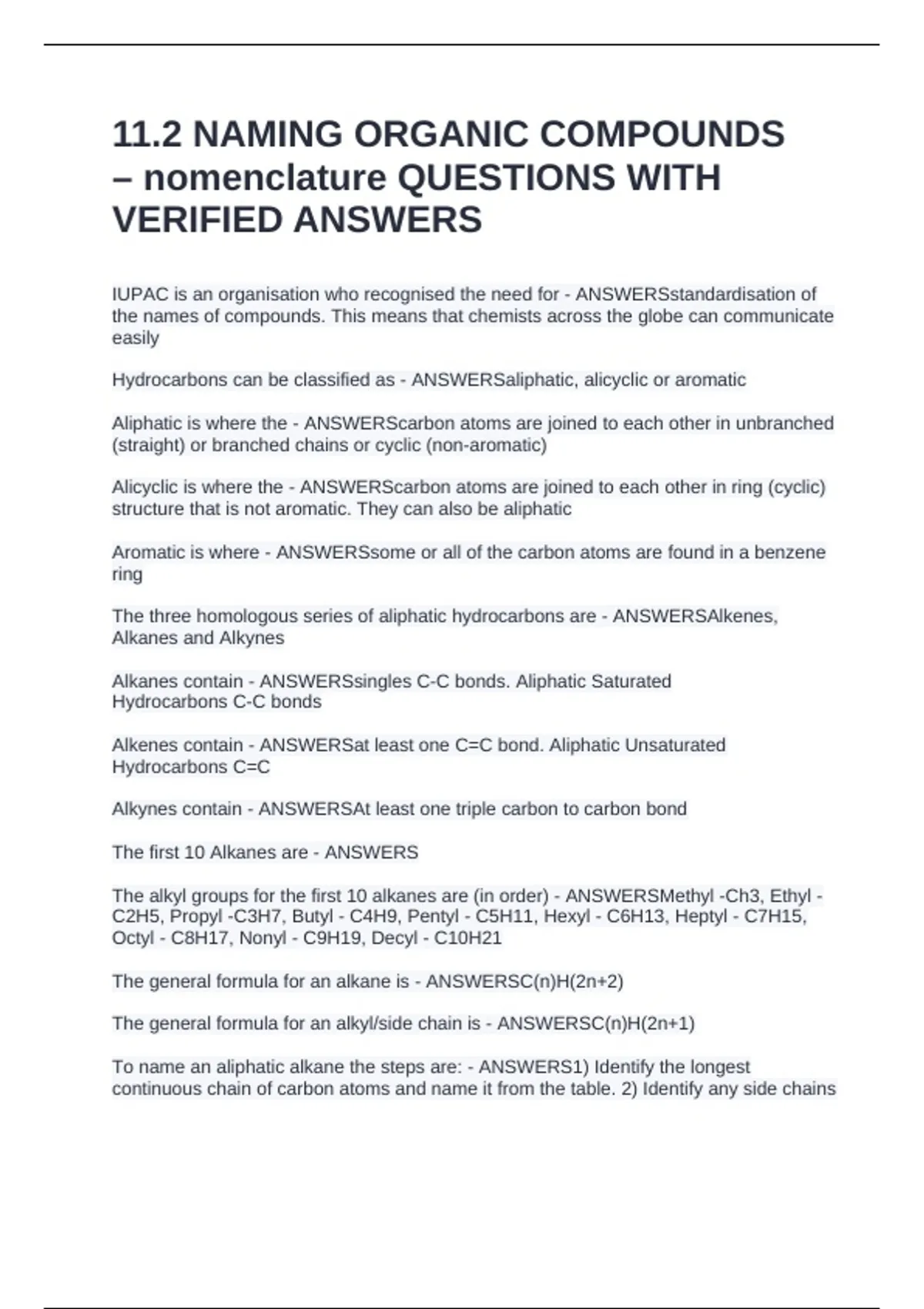 11.2 NAMING ORGANIC COMPOUNDS – nomenclature QUESTIONS WITH VERIFIED ...