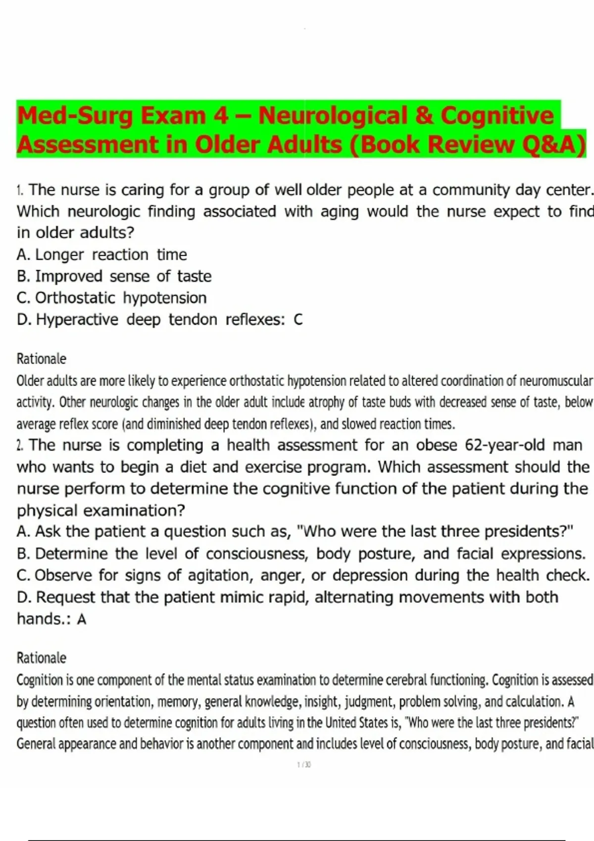 Med-Surg Exam 4 – Neurological & Cognitive Assessment in Older Adults ...