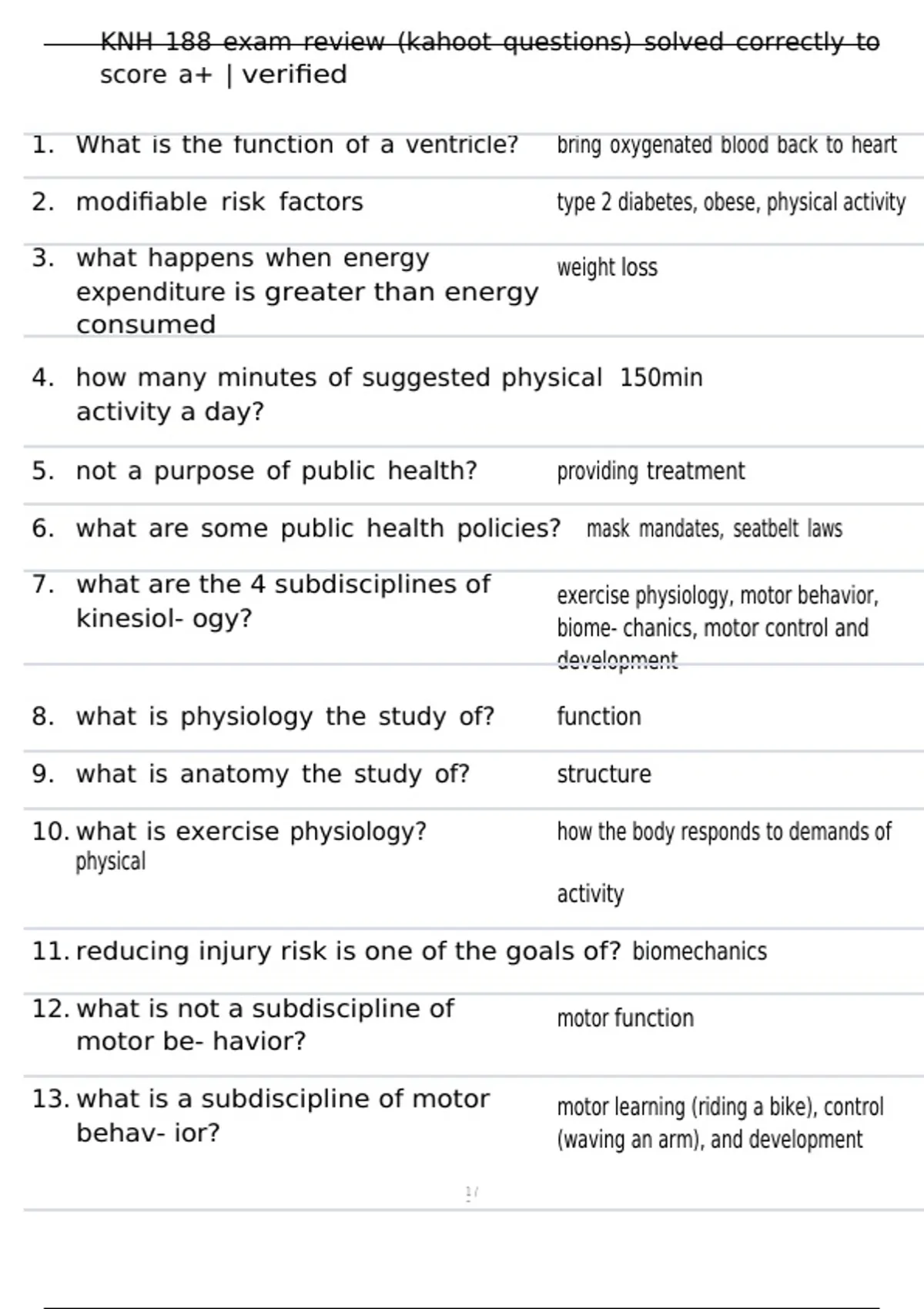KNH 188 exam review (kahoot questions) solved correctly to score a+ ...