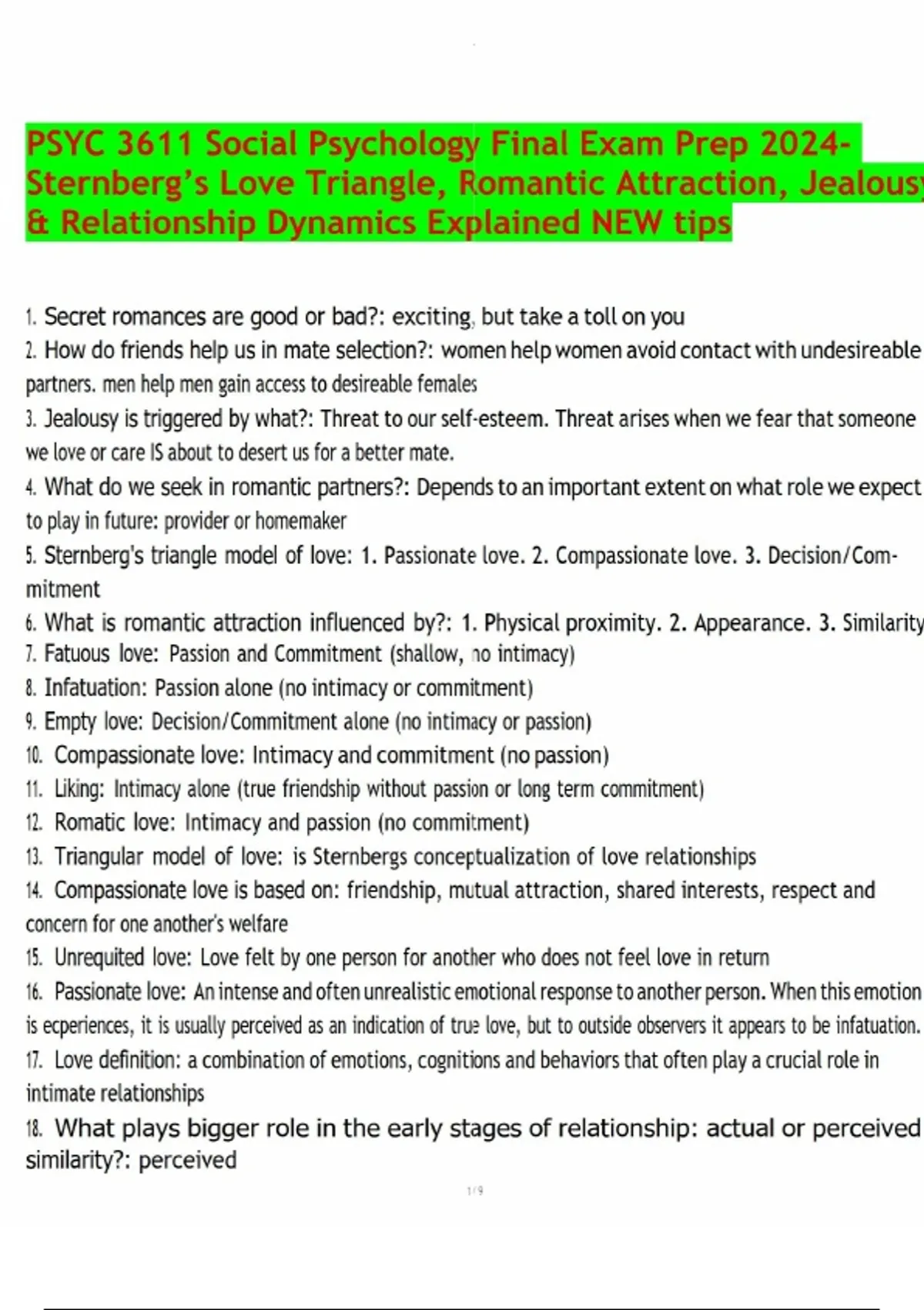 PSYC 3611 Social Psychology Final Exam Prep 2024- Sternberg’s Love Triangle, Romantic Attraction ...