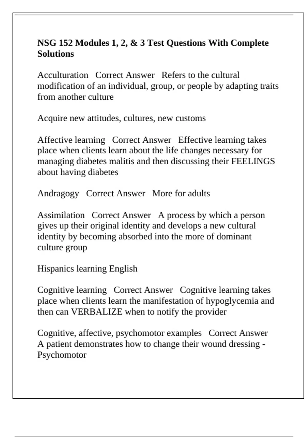 NSG 152 Modules 1, 2, & 3 Test Questions With Complete Solutions - NSG ...
