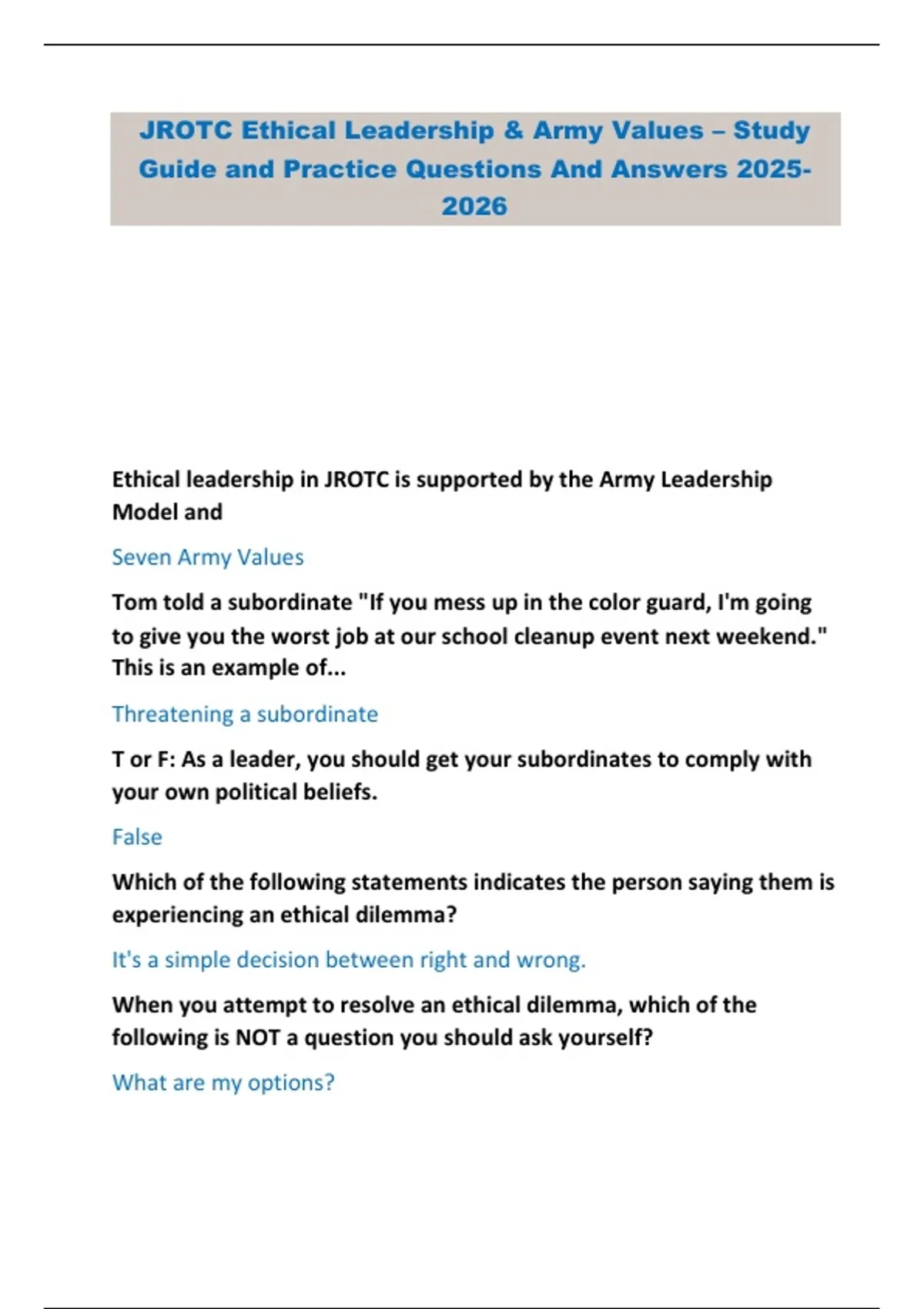 JROTC Ethical Leadership & Army Values – Study Guide and Practice ...