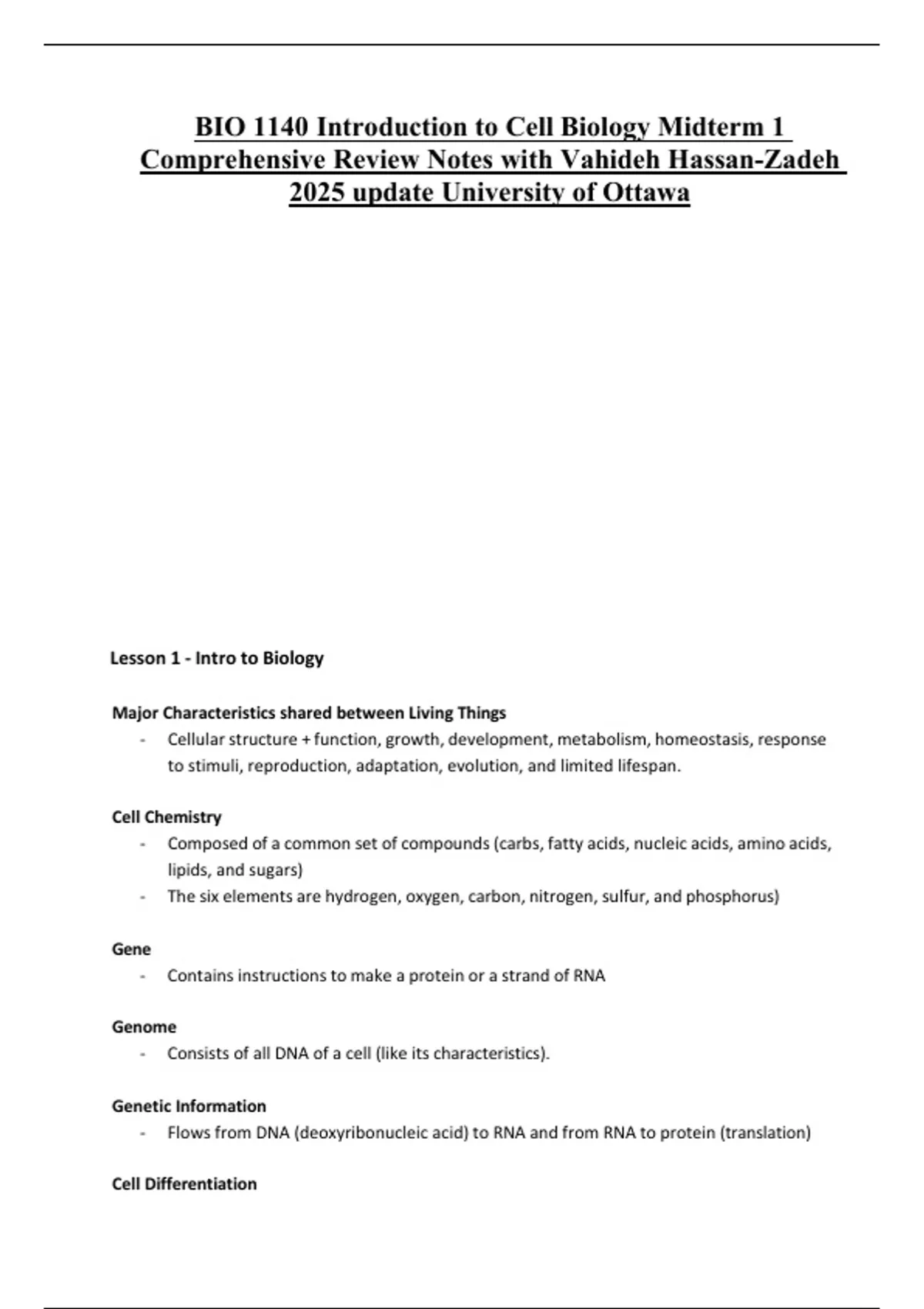 BIO 1140 Introduction to Cell Biology Midterm 1 Comprehensive Review ...