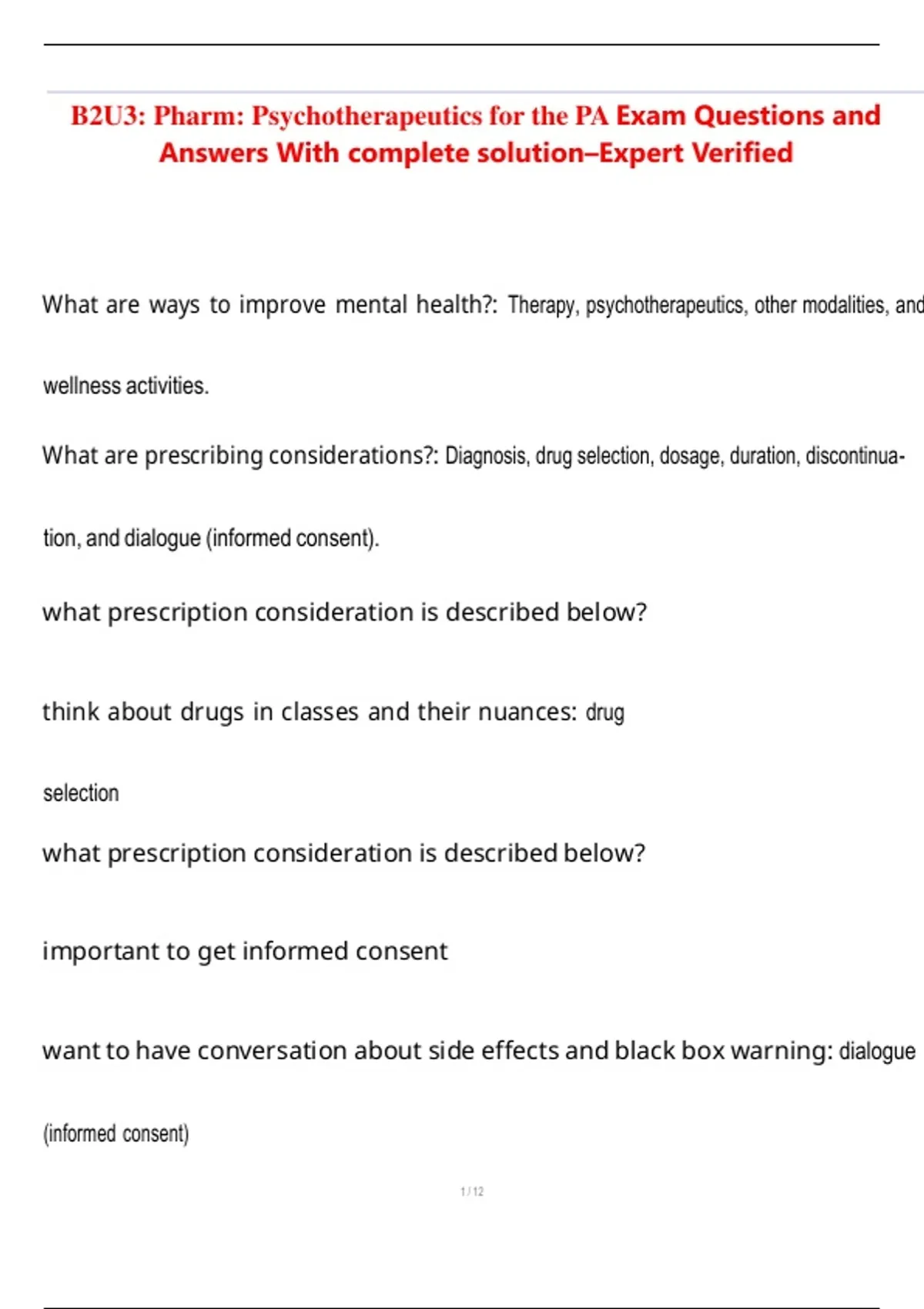 B2U3: Pharm: Psychotherapeutics for the PA Exam Questions and Answers ...