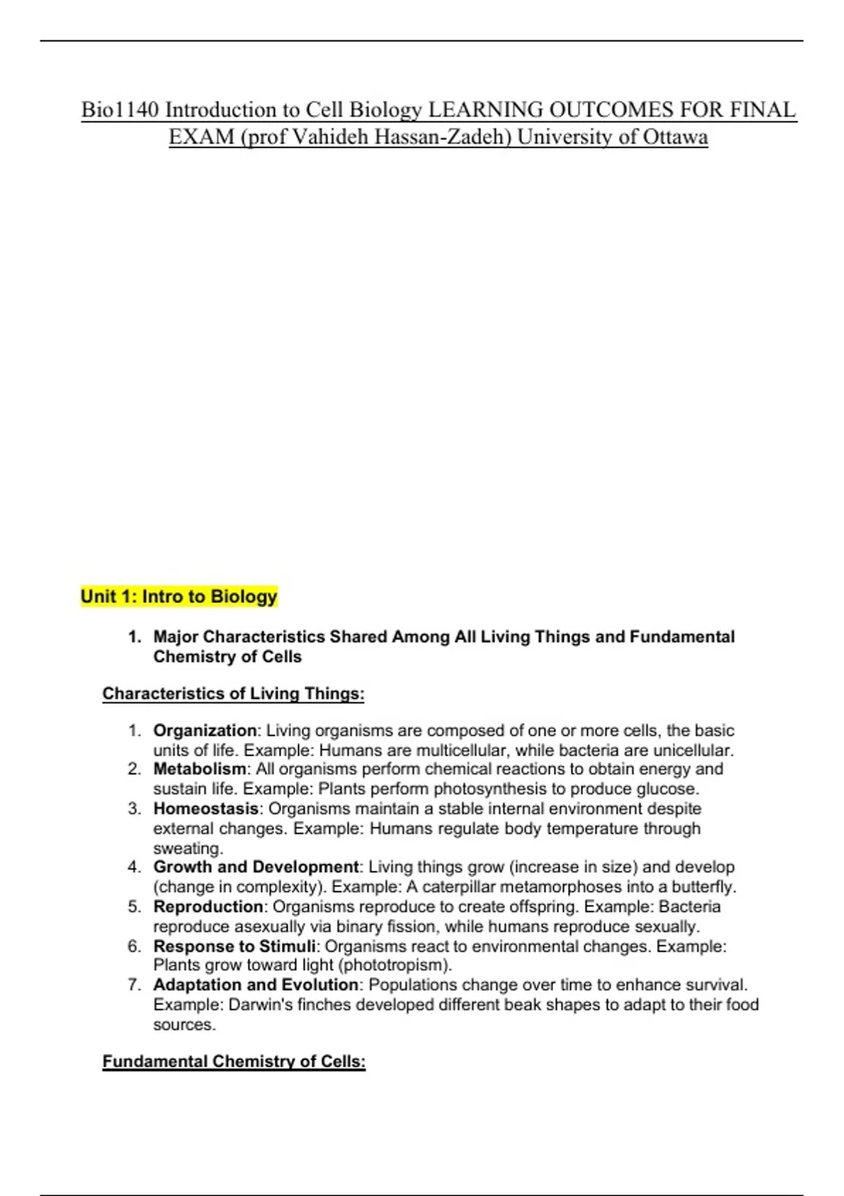 Bio1140 Introduction to Cell Biology LEARNING OUTCOMES FOR FINAL EXAM ...