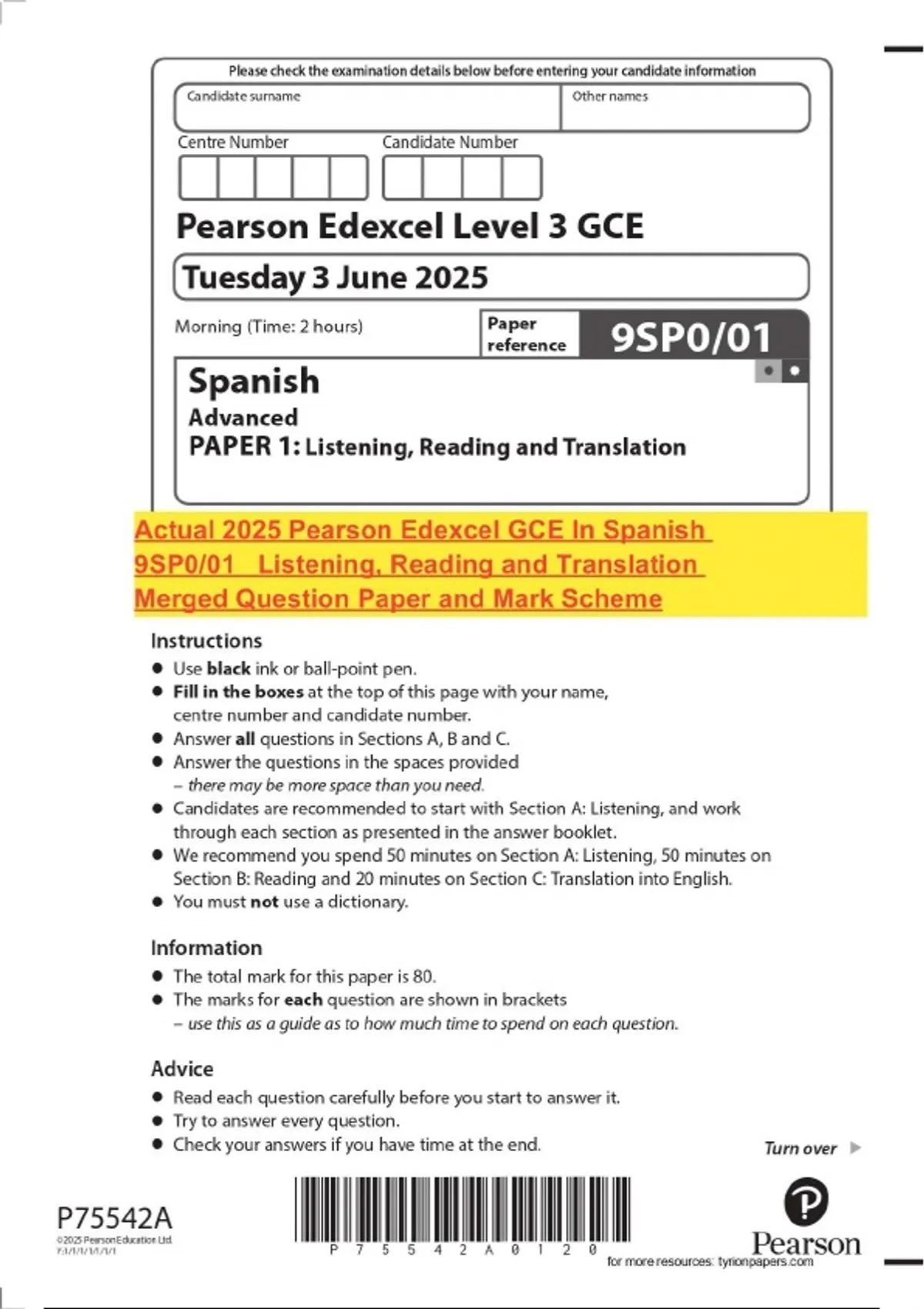 Actual 2025 Pearson Edexcel GCE In Spanish 9SP0/01 Listening, Reading ...