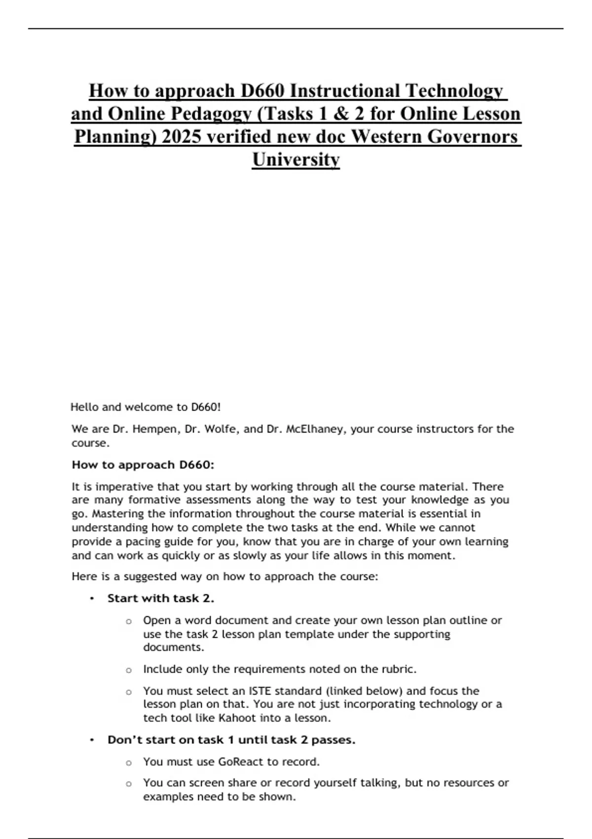 How to approach D660 Instructional Technology and Online Pedagogy (Tasks 1 & 2 for Online Lesson ...