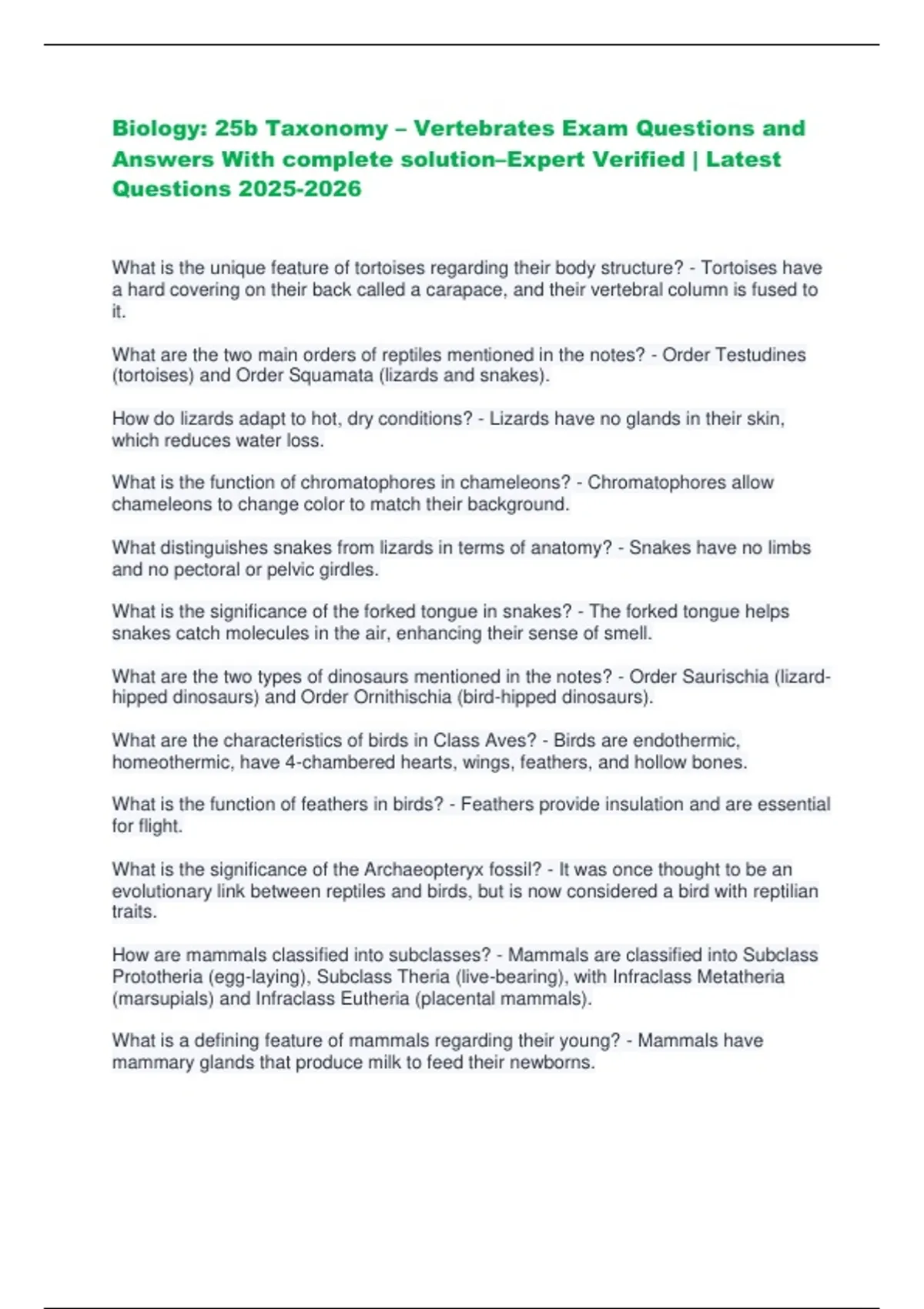 Biology: 25b Taxonomy – Vertebrates Exam Questions and Answers With ...