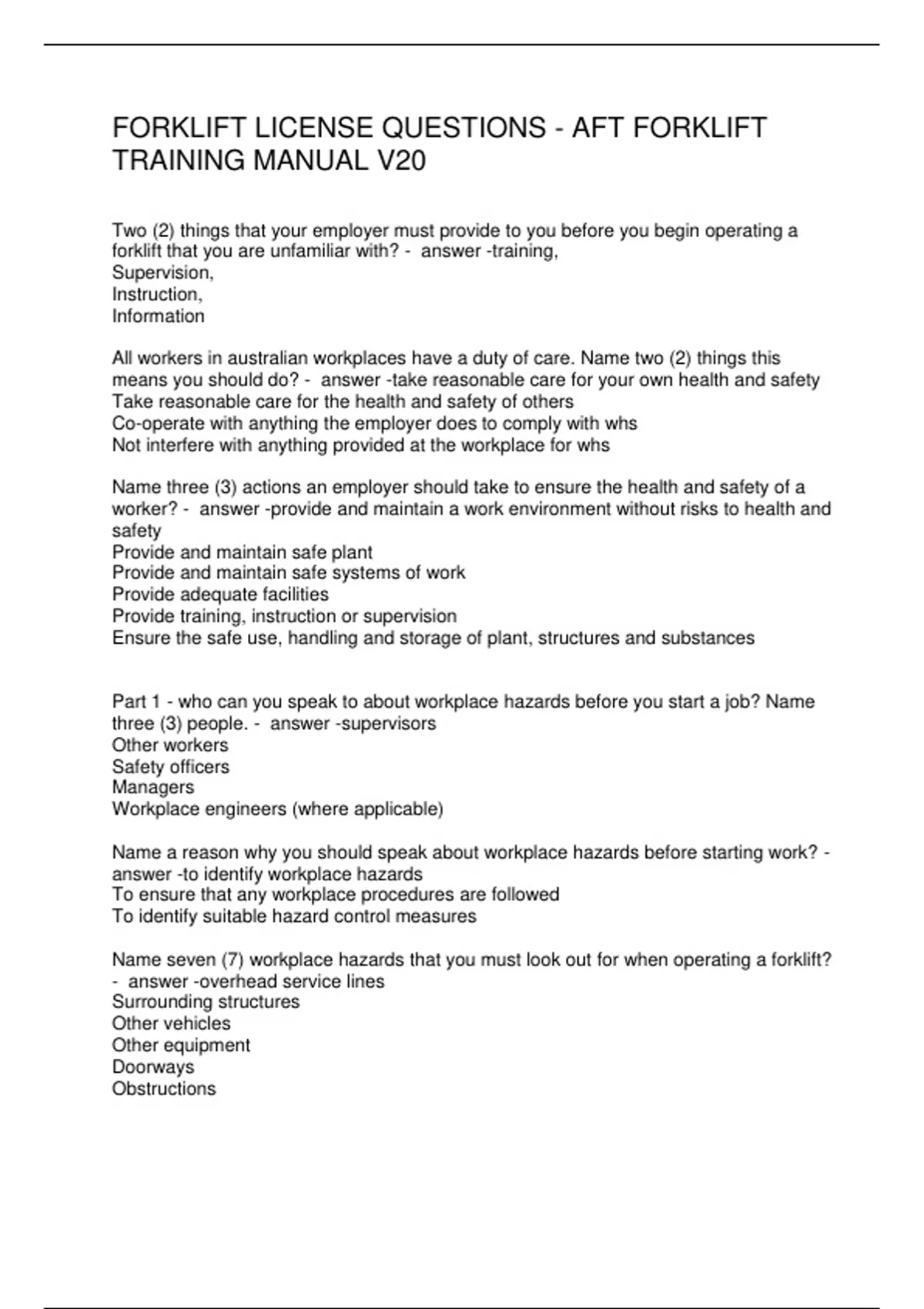 FORKLIFT LICENSE QUESTIONS - AFT FORKLIFT TRAINING MANUAL V20 ...