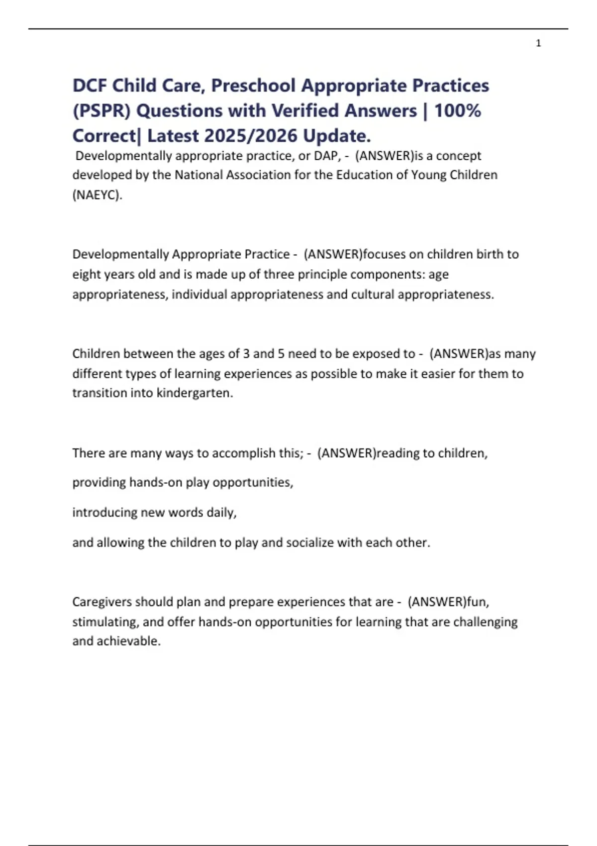 DCF Child Care, Preschool Appropriate Practices (PSPR) Questions with ...