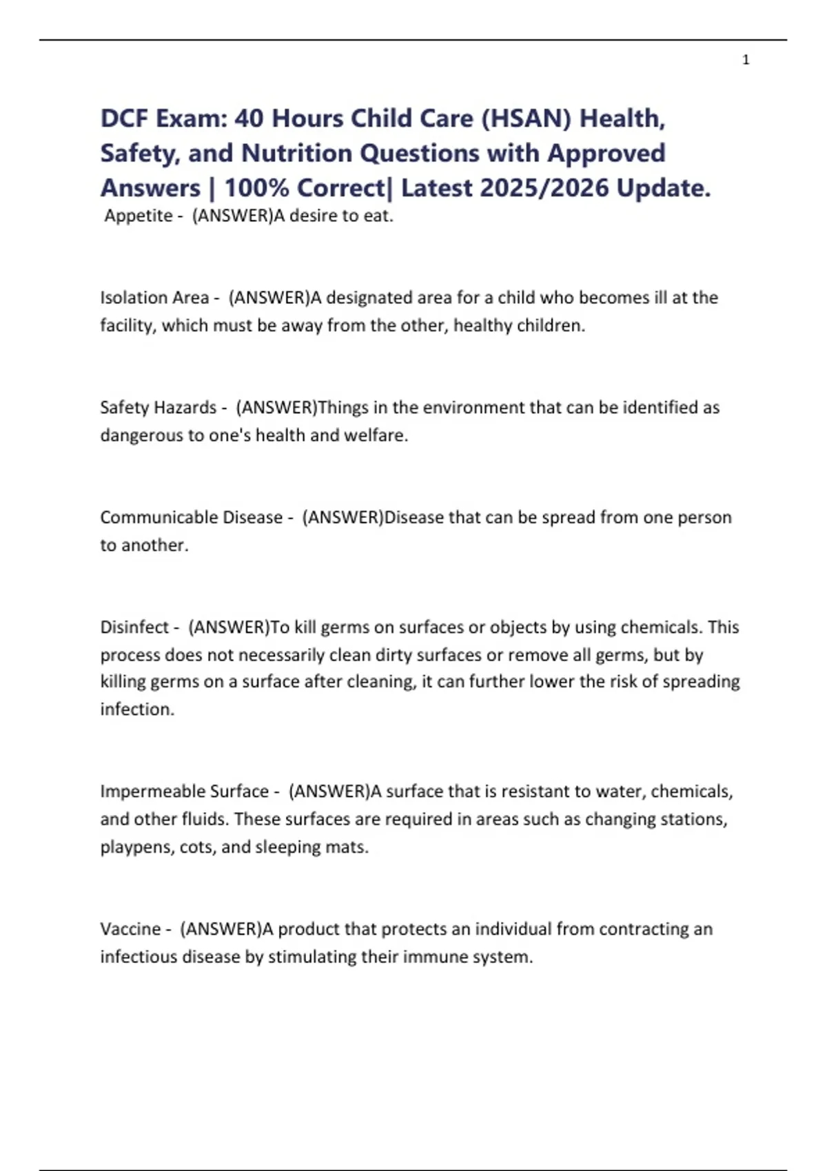DCF Exam: 40 Hours Child Care (HSAN) Health, Safety, and Nutrition Questions with Approved ...