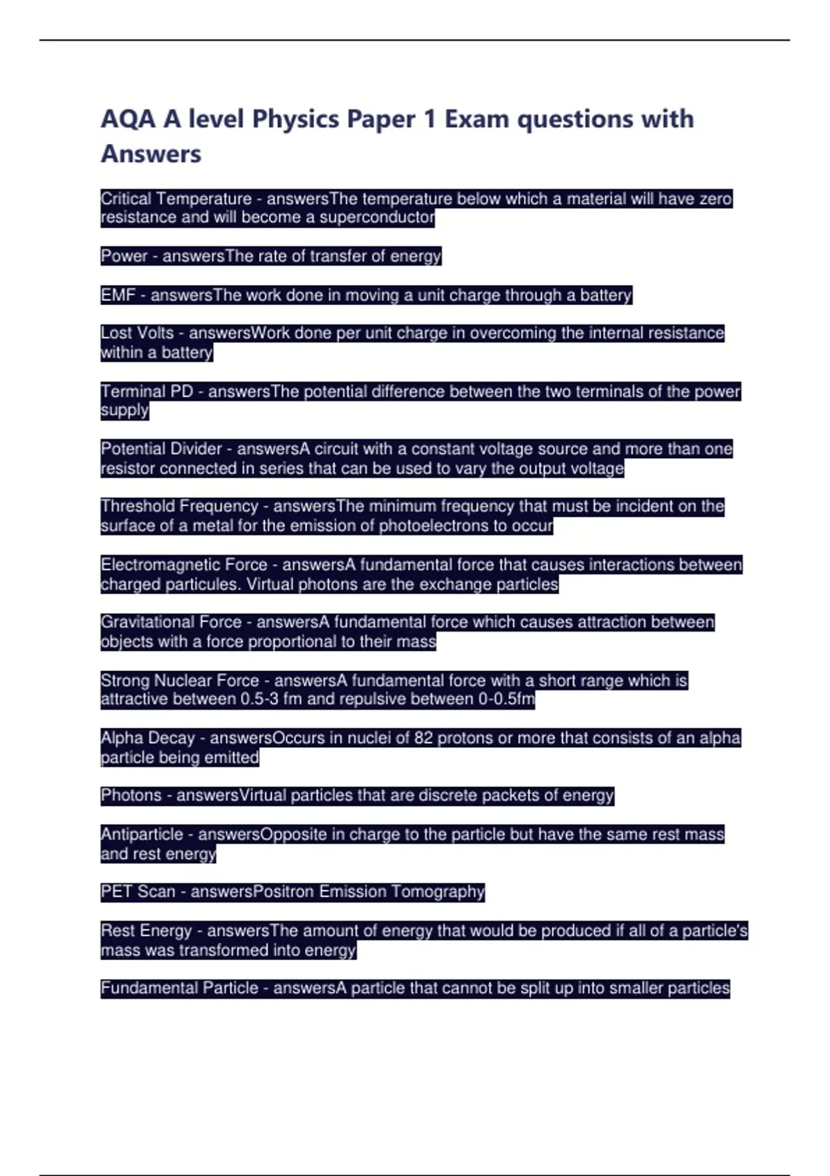 AQA A level Physics Paper 1 Exam questions with Answers - AQA A level ...